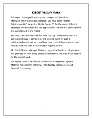 REPORT ON STUDY OF CONCEPTS OF OPERATIONS MANAGEMENT IN | DOCX