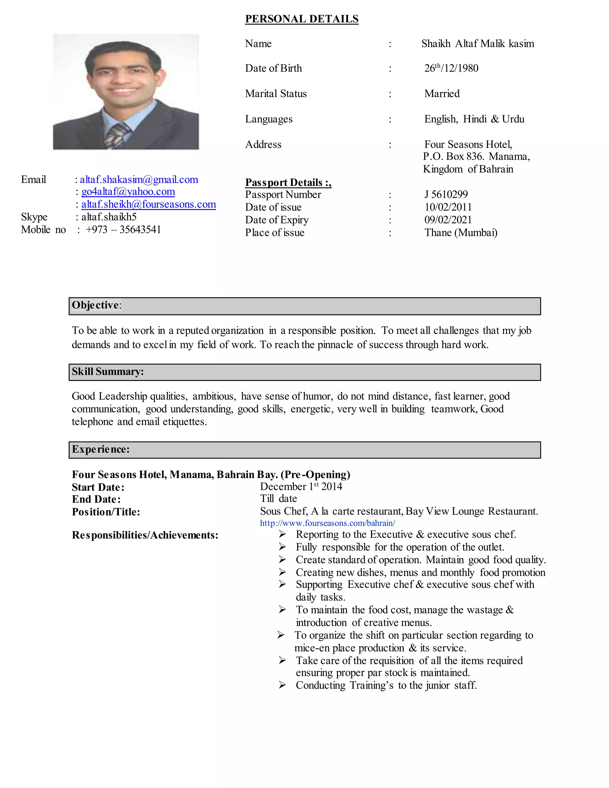 Chef Altaf C.V. 2015 | DOCX