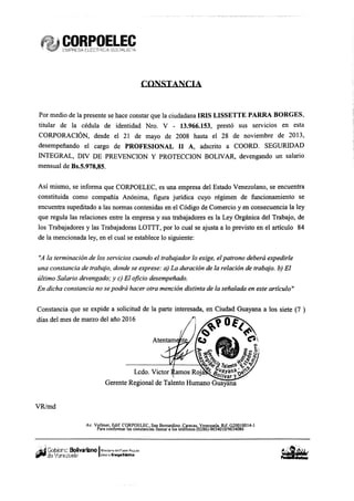 Constancia Corpoelec Iris Parra | PDF