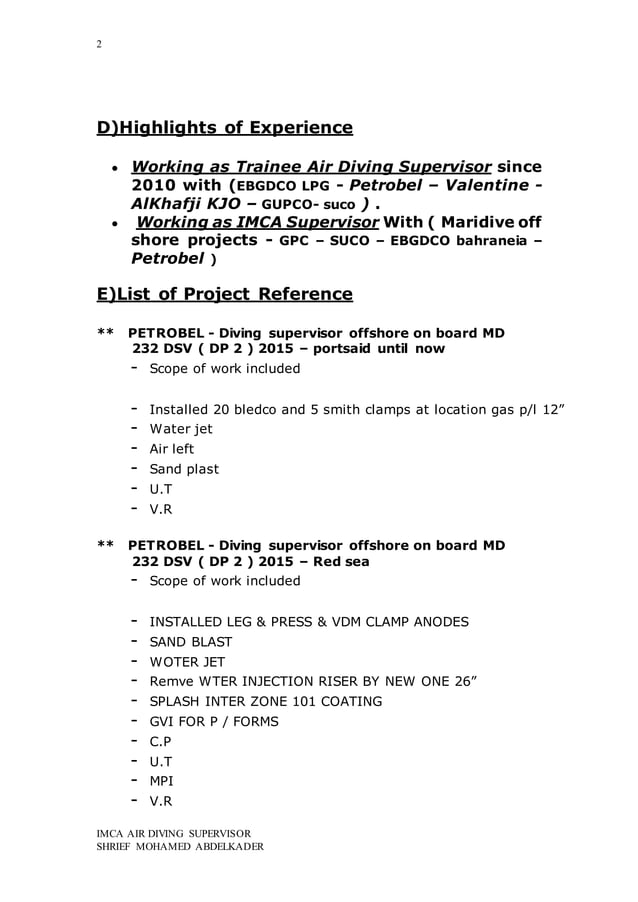 RESUME IMCA AIR DIVING SUPERVISOR | PDF