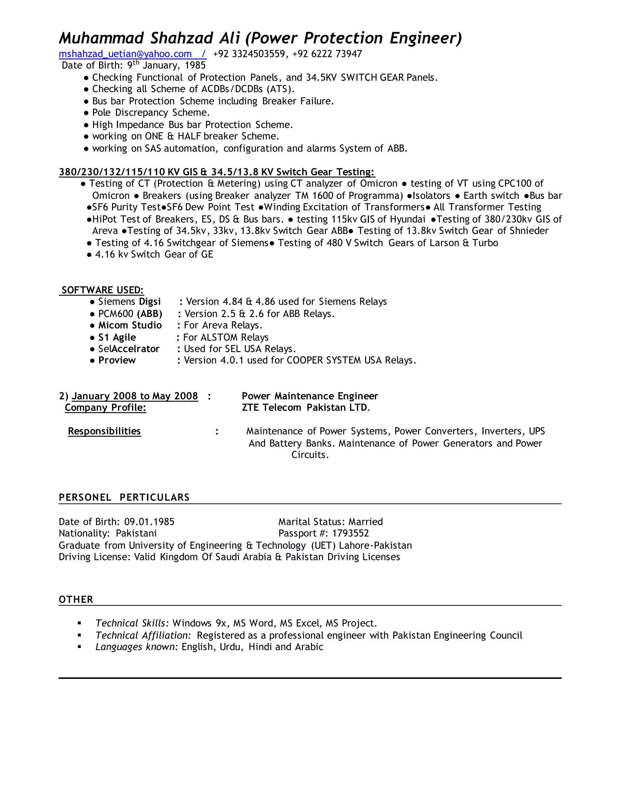CV_Shahzad Ali protection engineer | DOCX