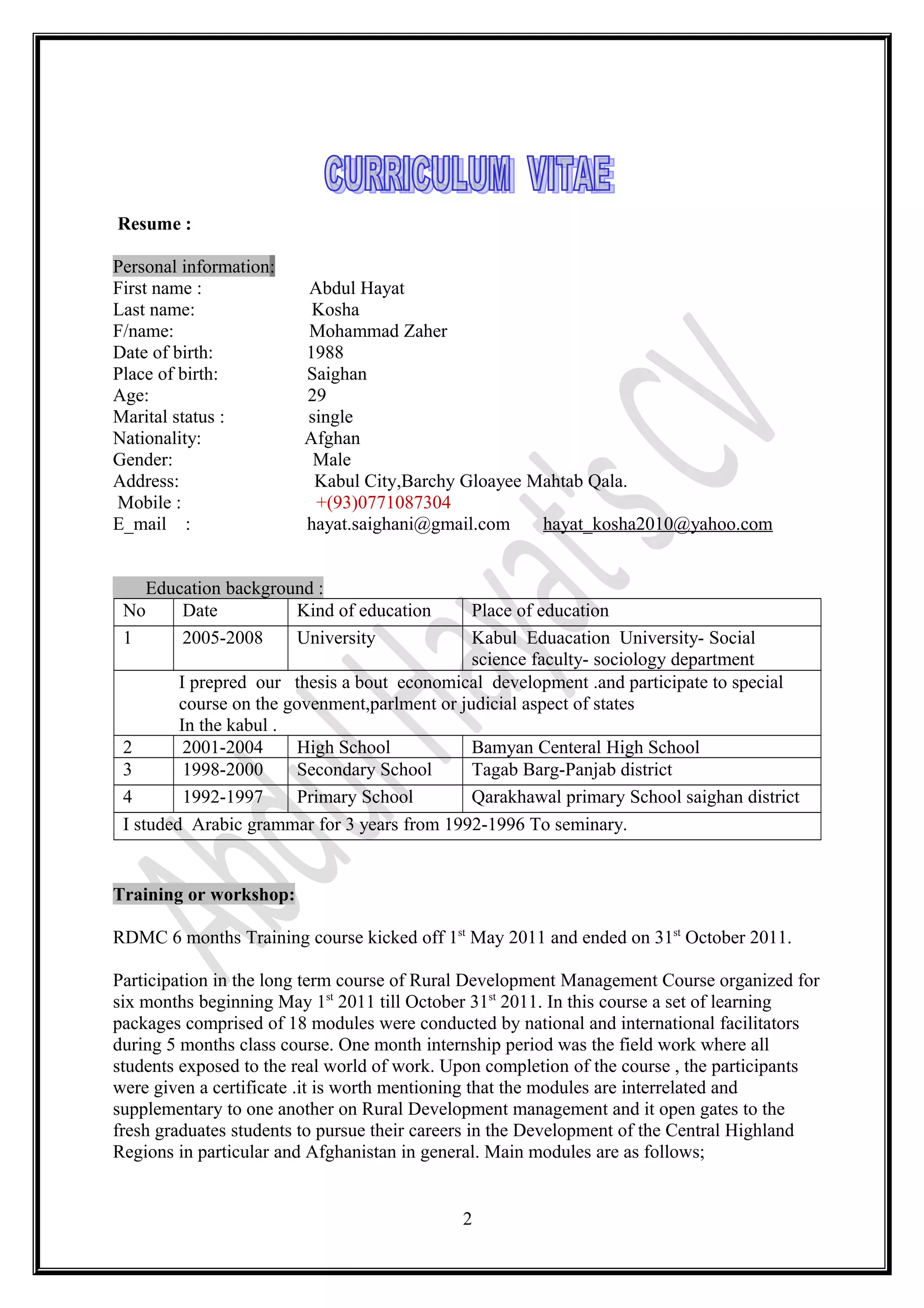 Abdulhayat kosha CV's | DOC
