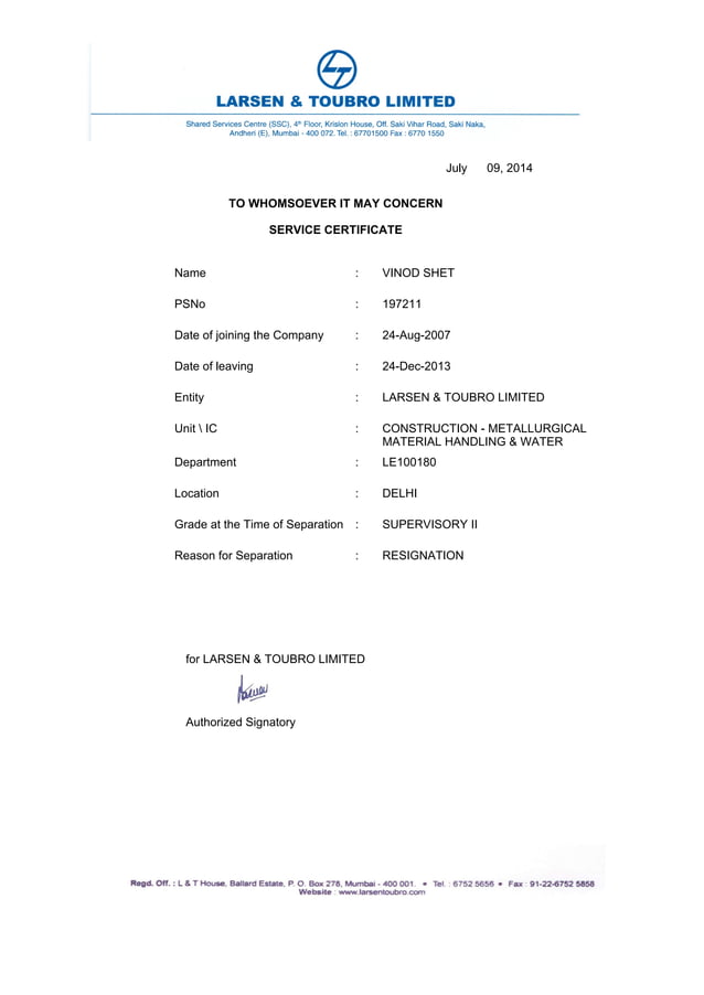 Lnt ServiceCertificate | PDF