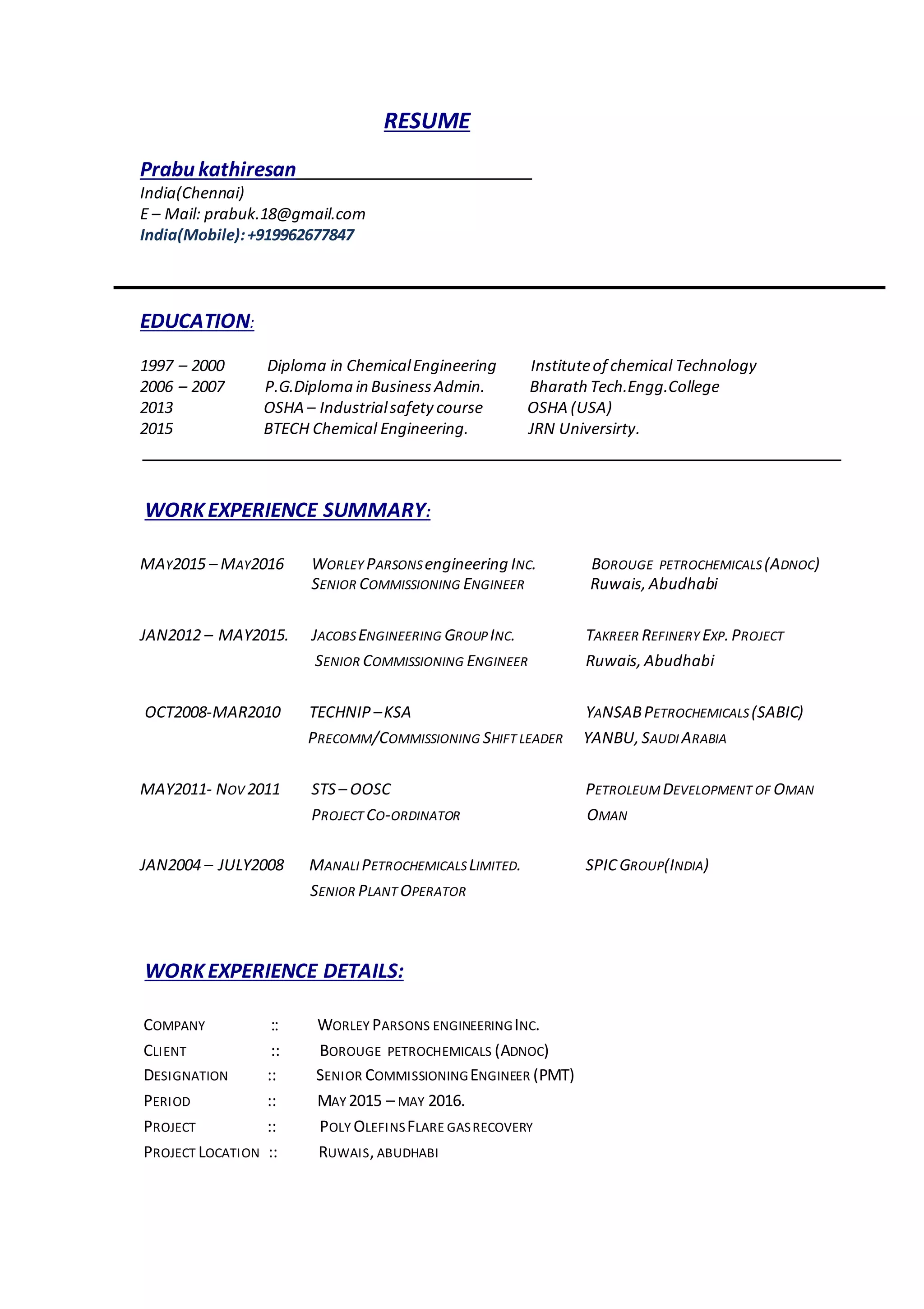 Process & Commissioning Resume | DOCX