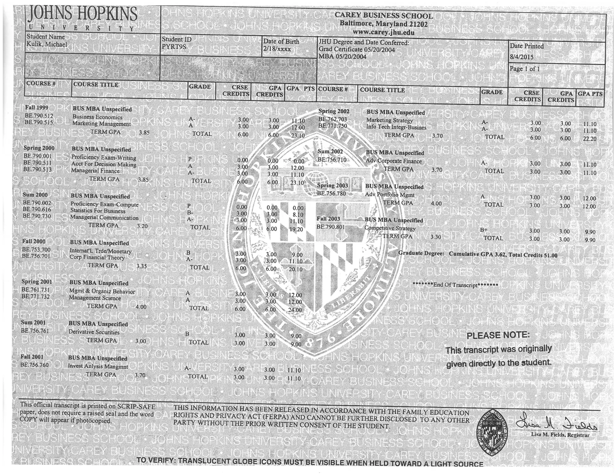 JHU Transcript | PPT | Free Download