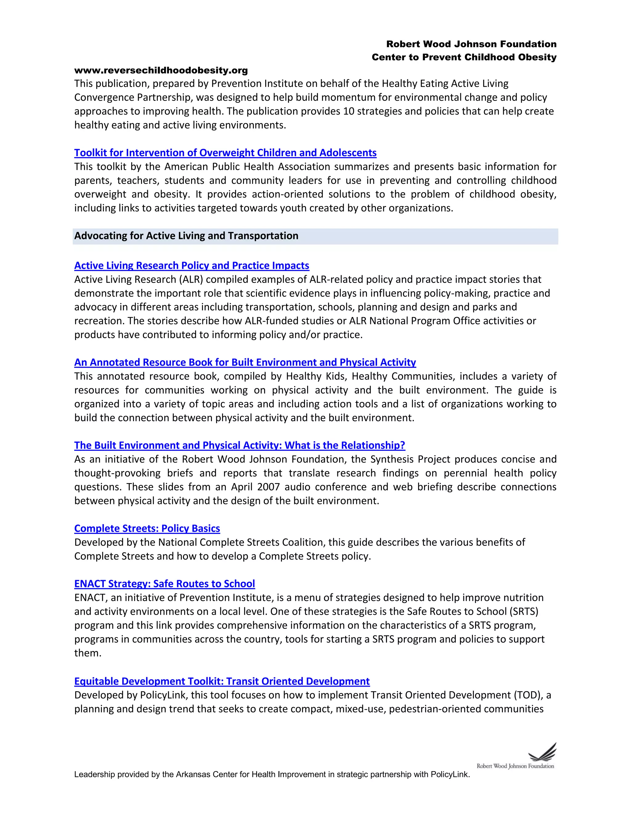 RWJF Childhood Obesity Toolkit | PDF