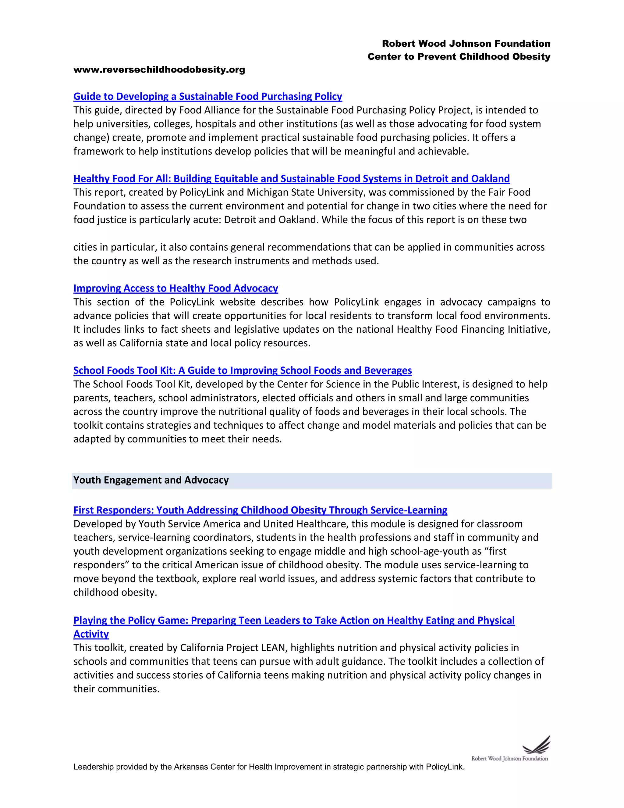 RWJF Childhood Obesity Toolkit | PDF