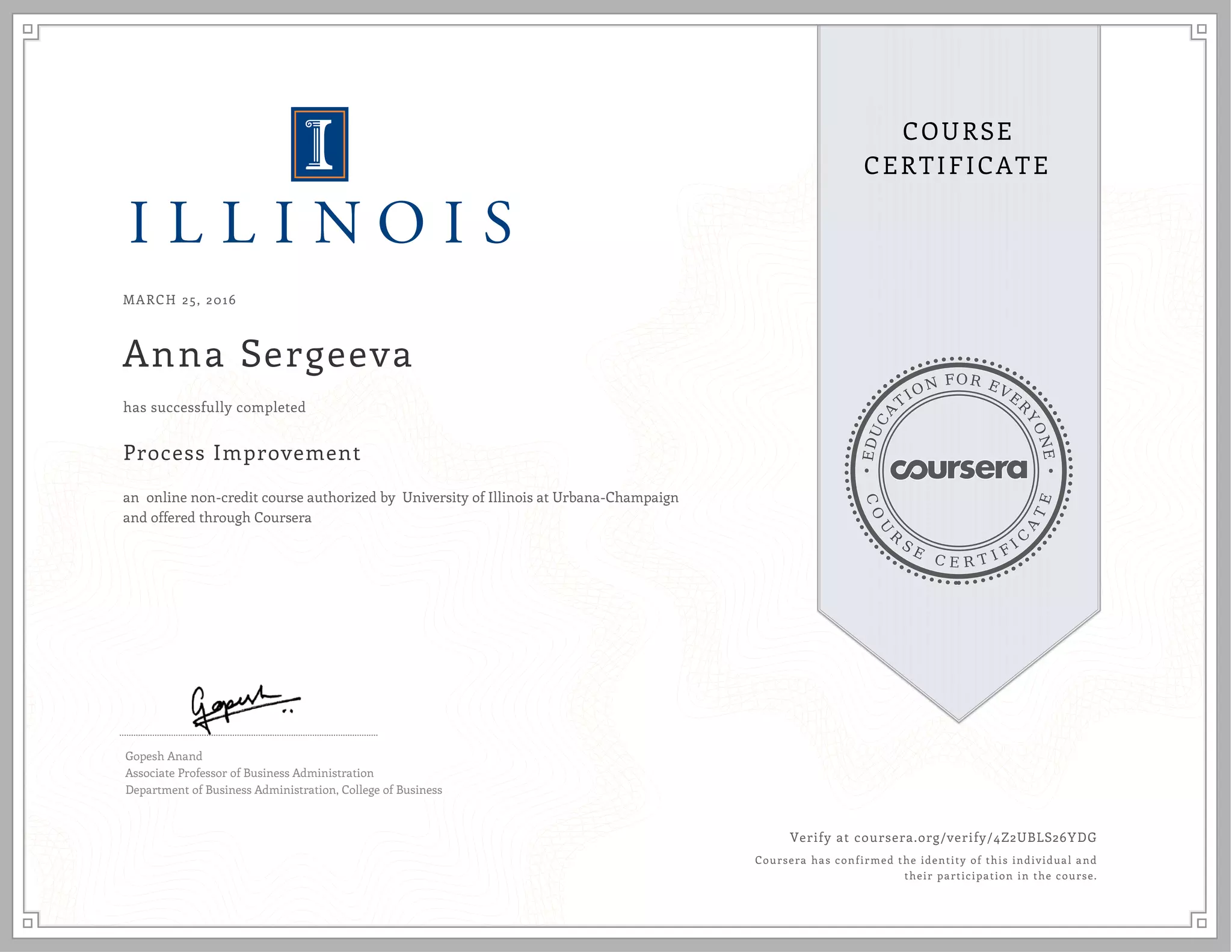 Coursera Process Improvement Course Certificate | PPT