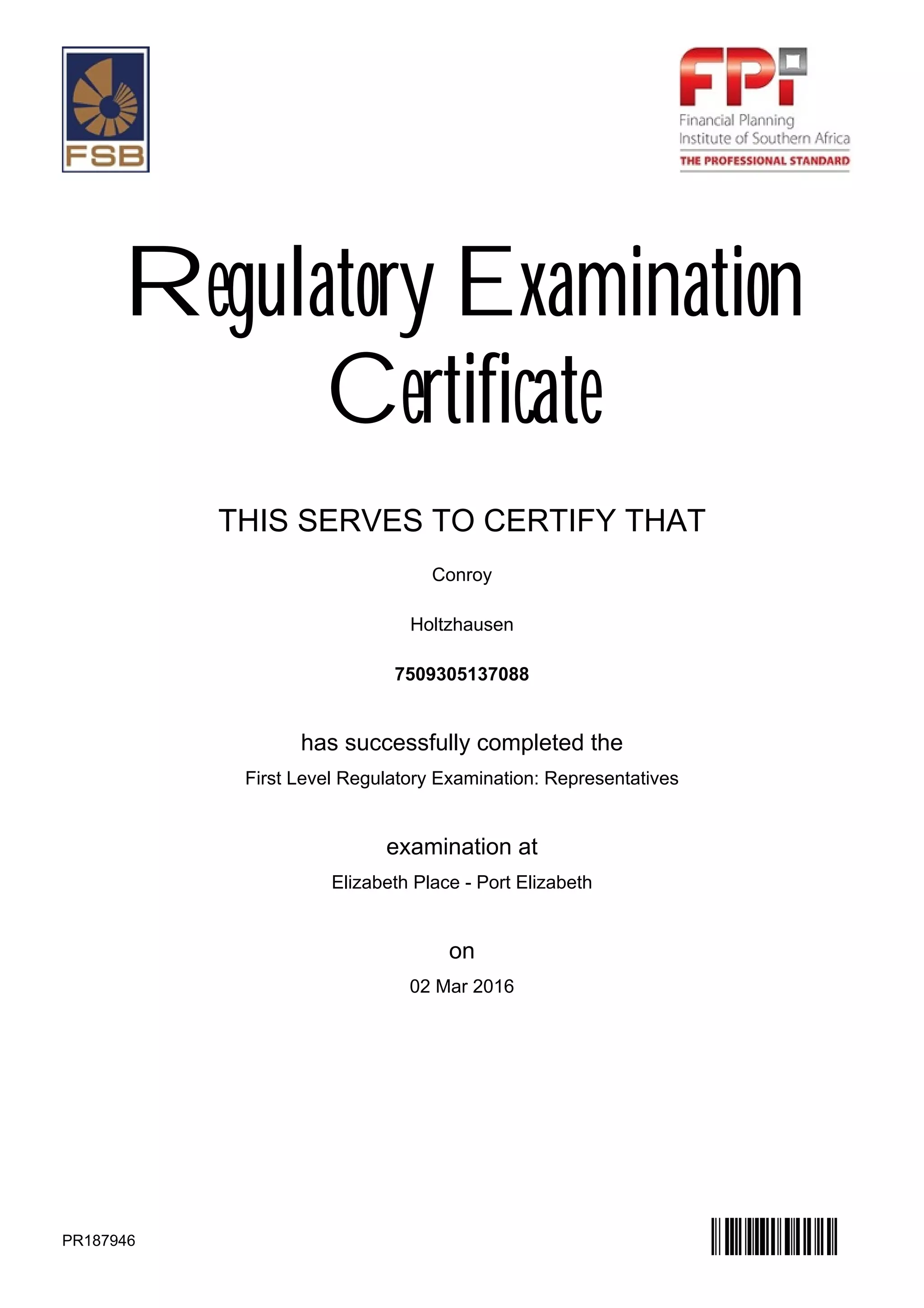 RE5 Certificate C Holtzhausen | PDF