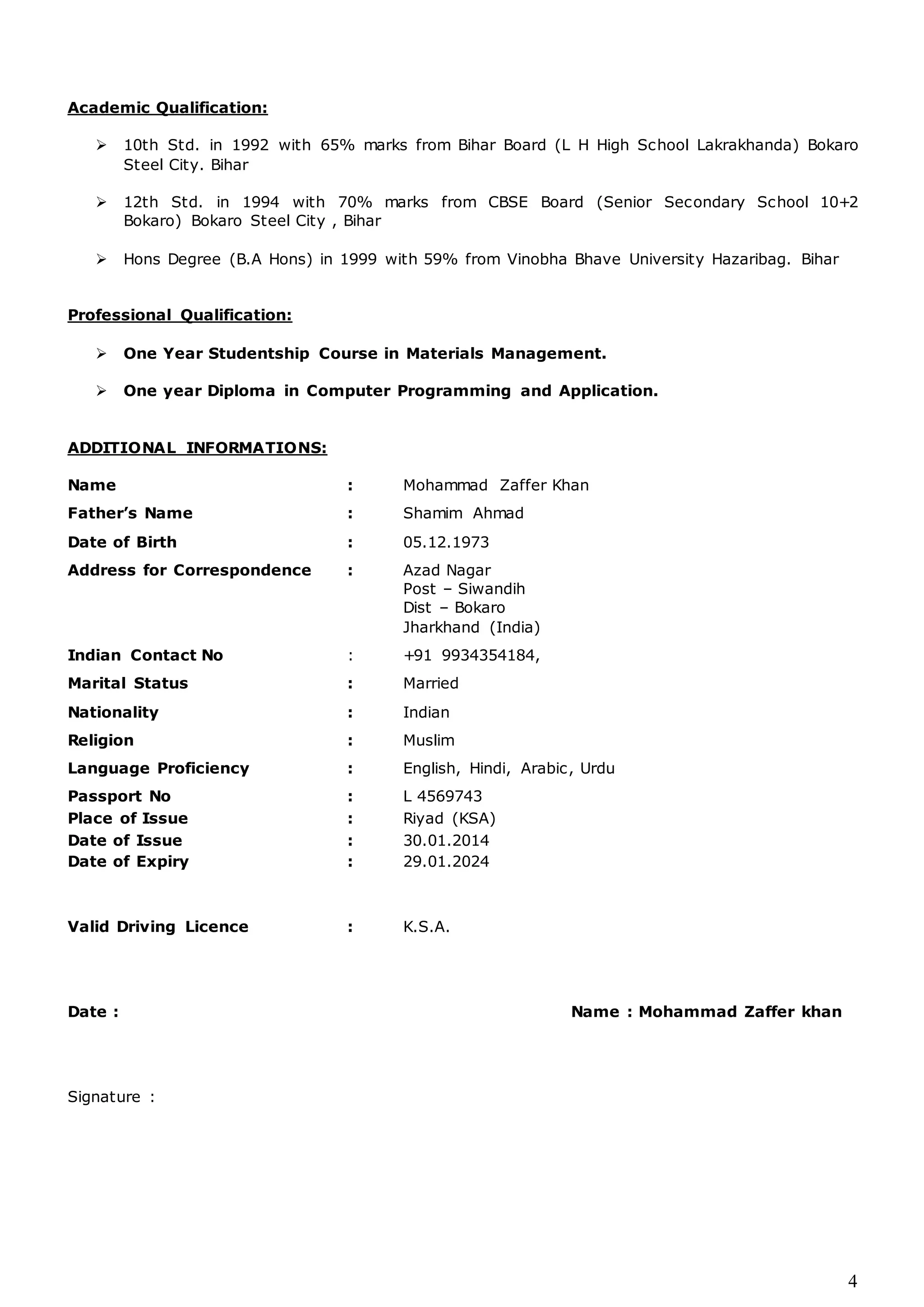 C.V. of Zafar Khan | DOCX