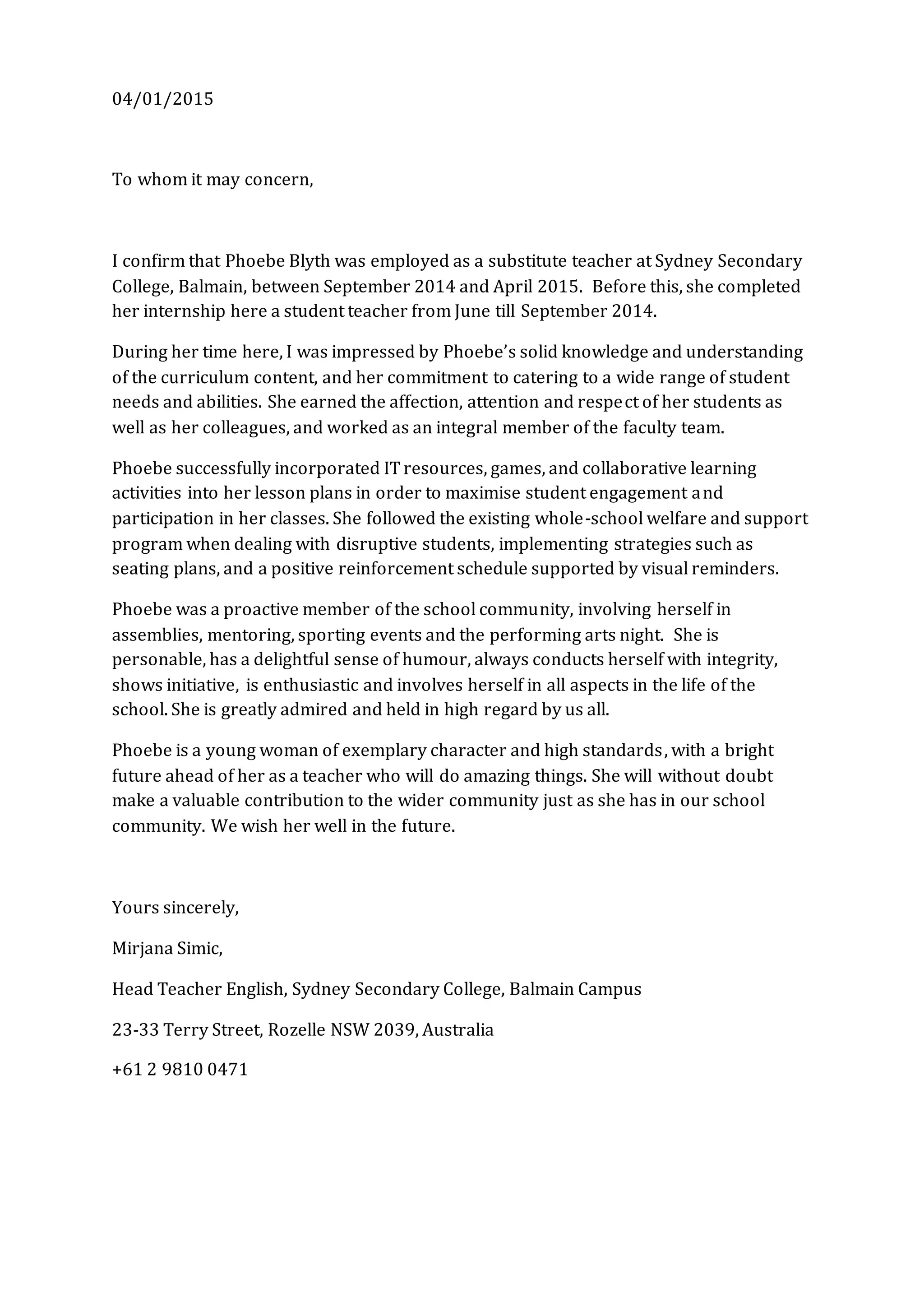 Mirjana Reference Letter | DOCX | Secondary Education | Education