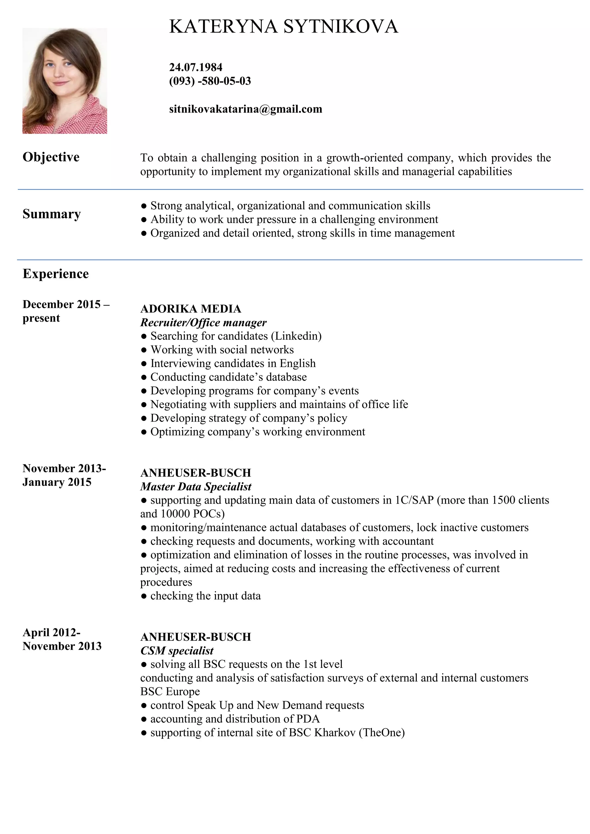 Kate Sitnikova_CV | PDF | Business | Business and Finance