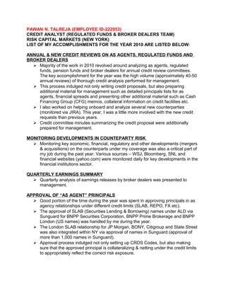 ACCOMPLISHMENTS 2010 (PAWAN TALREJA) | DOC