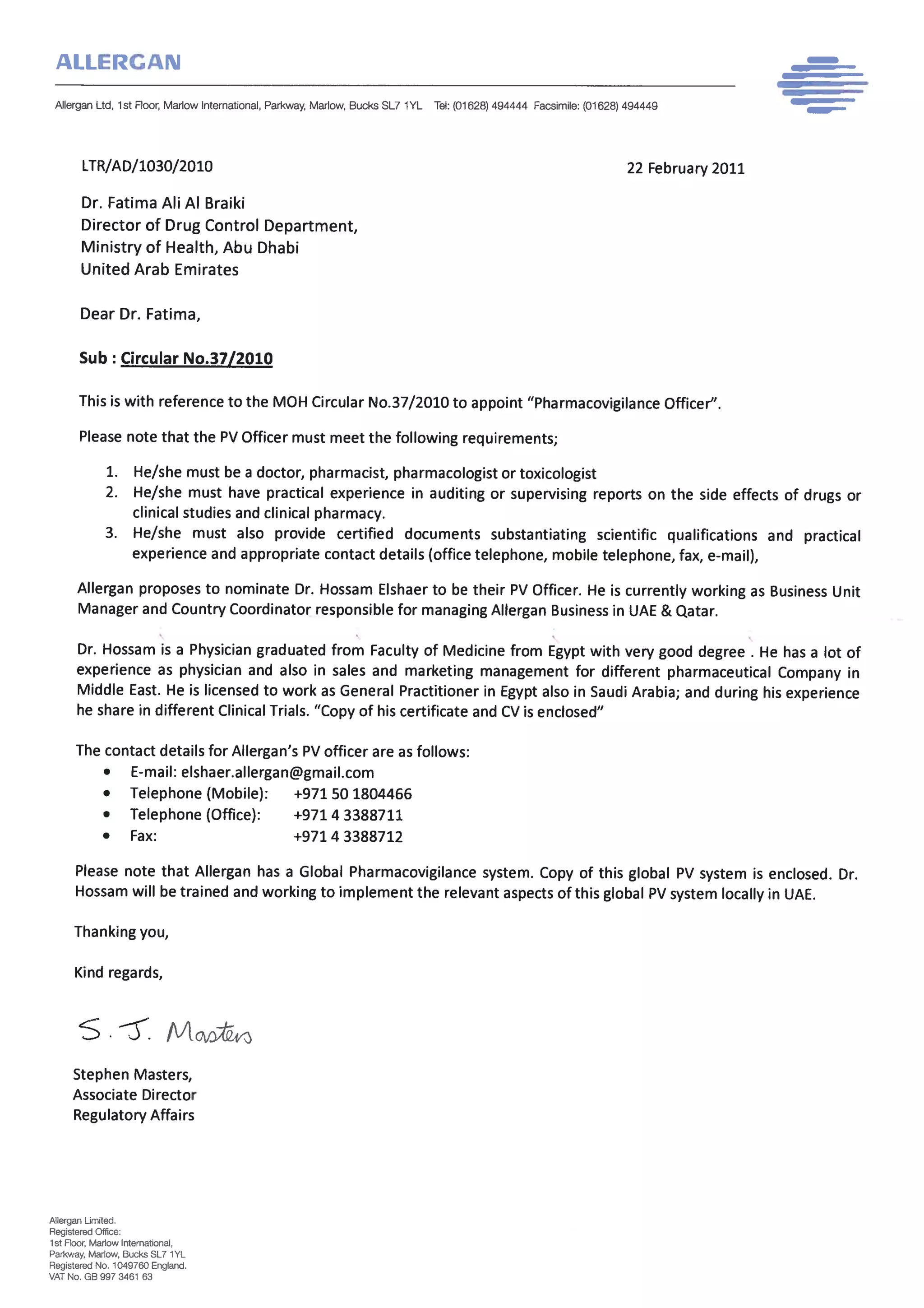 Allergan PV officer appointment letter | PDF