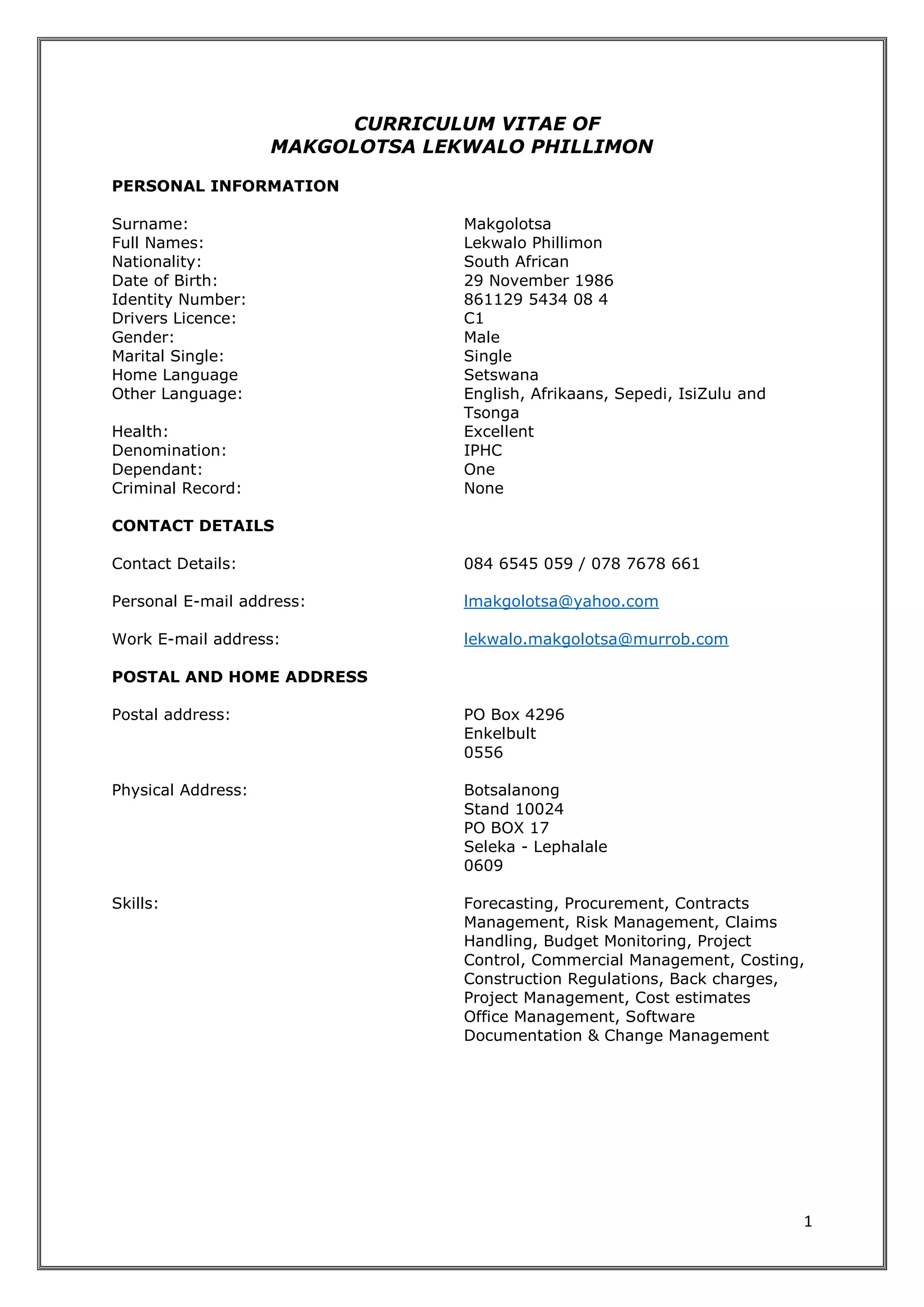 CURRICULUM VITAE OF LEKWALO PHILLIMON MAKGOLOTSA | PDF