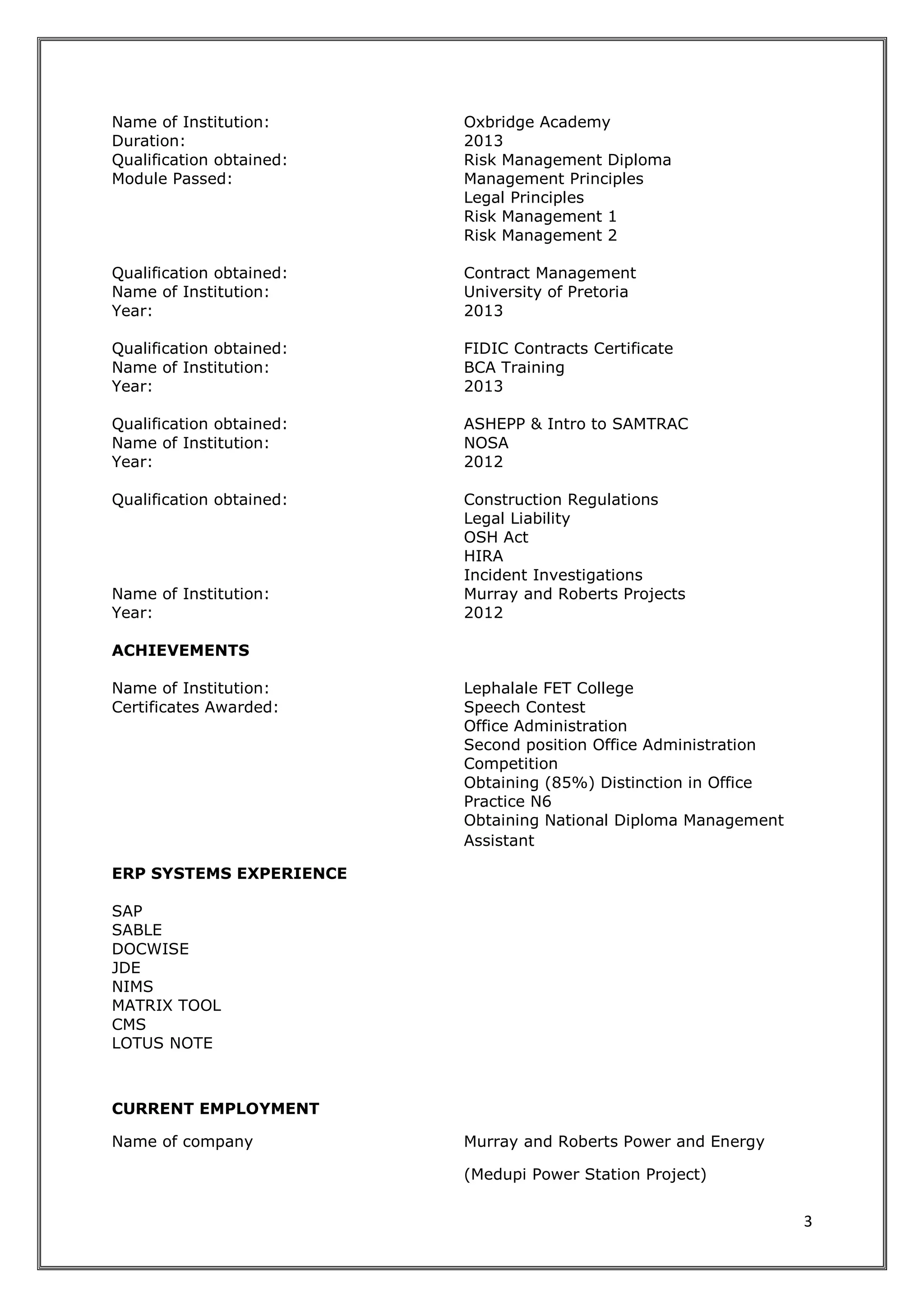 CURRICULUM VITAE OF LEKWALO PHILLIMON MAKGOLOTSA | PDF