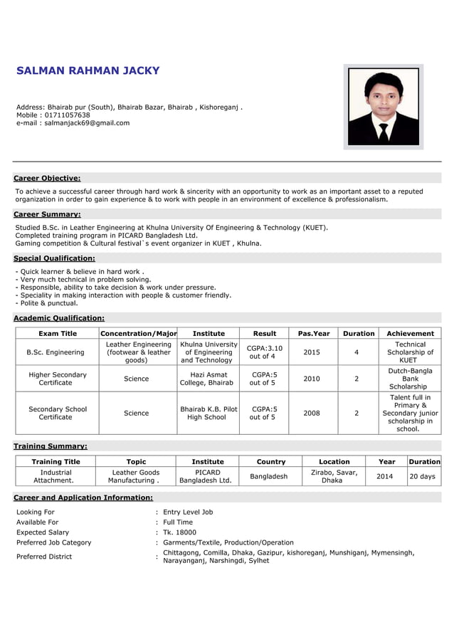 SALMAN RAHMAN JACKY CV (KUET) | PDF
