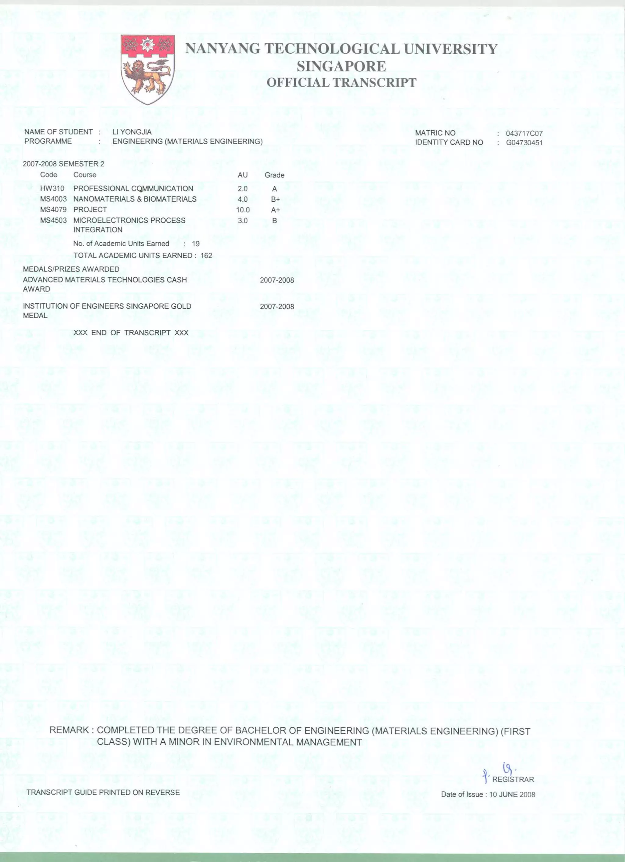 Academic Transcript of Li Yongjia | PDF