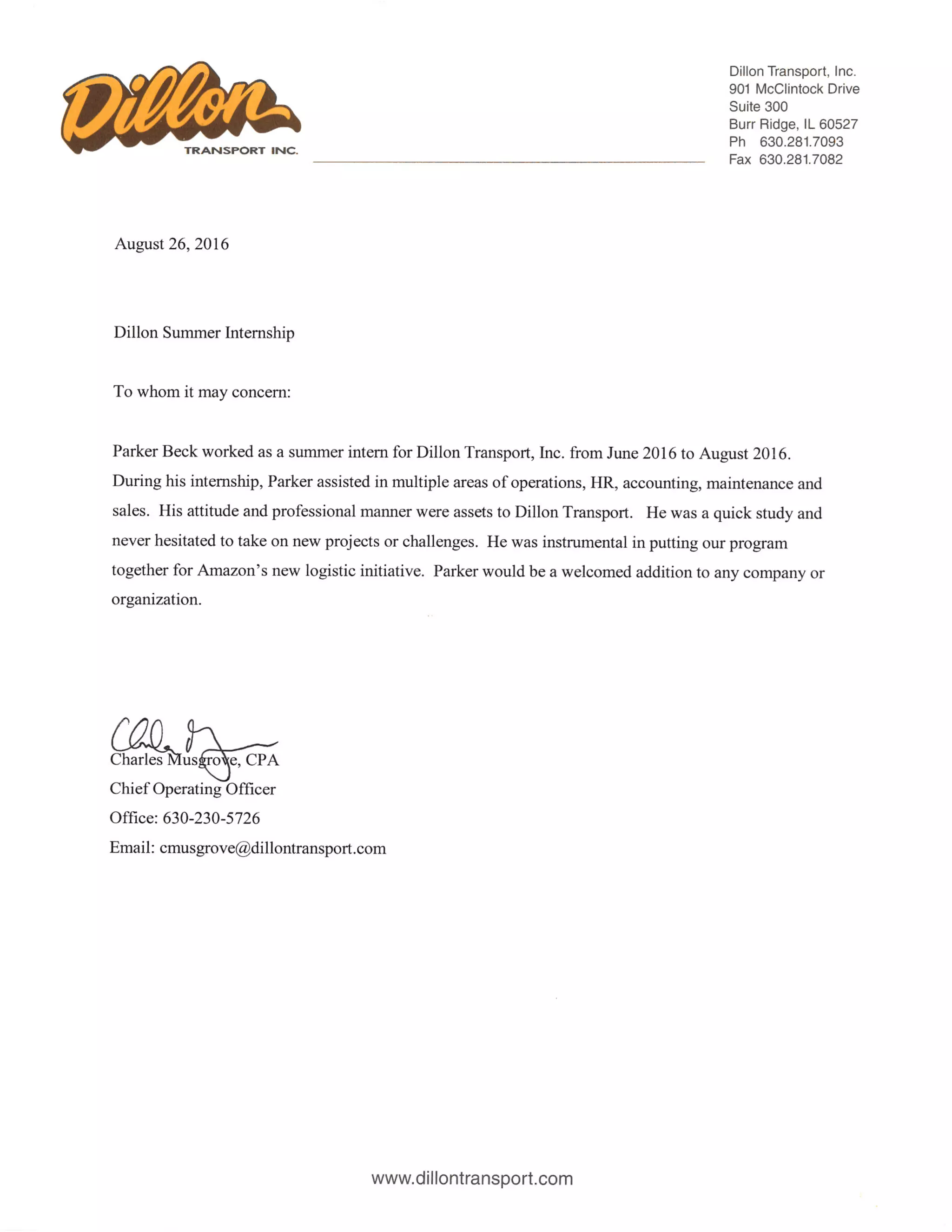Dillon Transport Letter of Rec | PDF