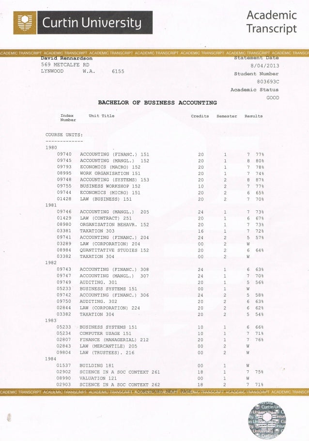 Curtn University Bachelor Of Business Accounting Academic Transcript