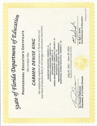 Florida Educator's Certificate Carmen D. King | PDF