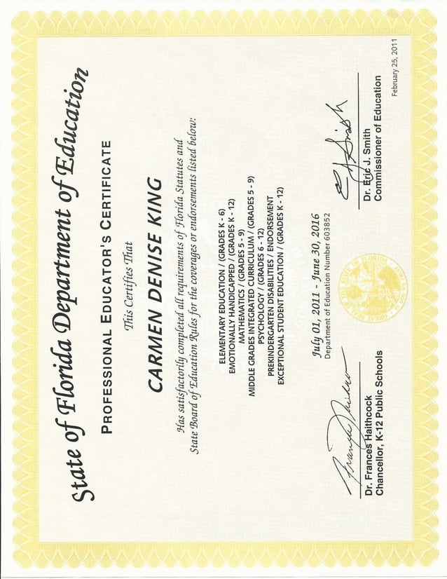 Florida Educator's Certificate Carmen D. King | PDF