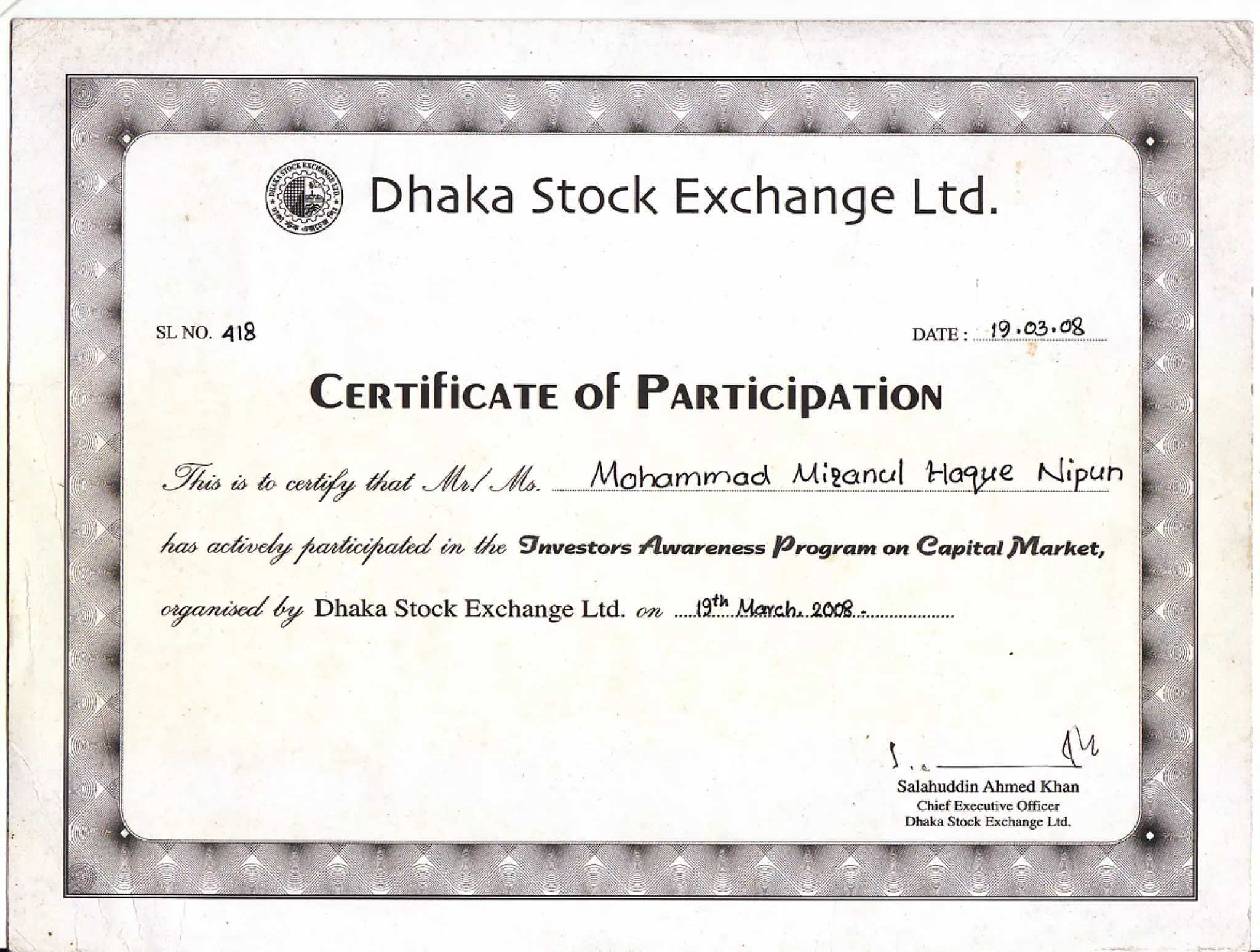 DSE Stock Exchange Certificate | PDF