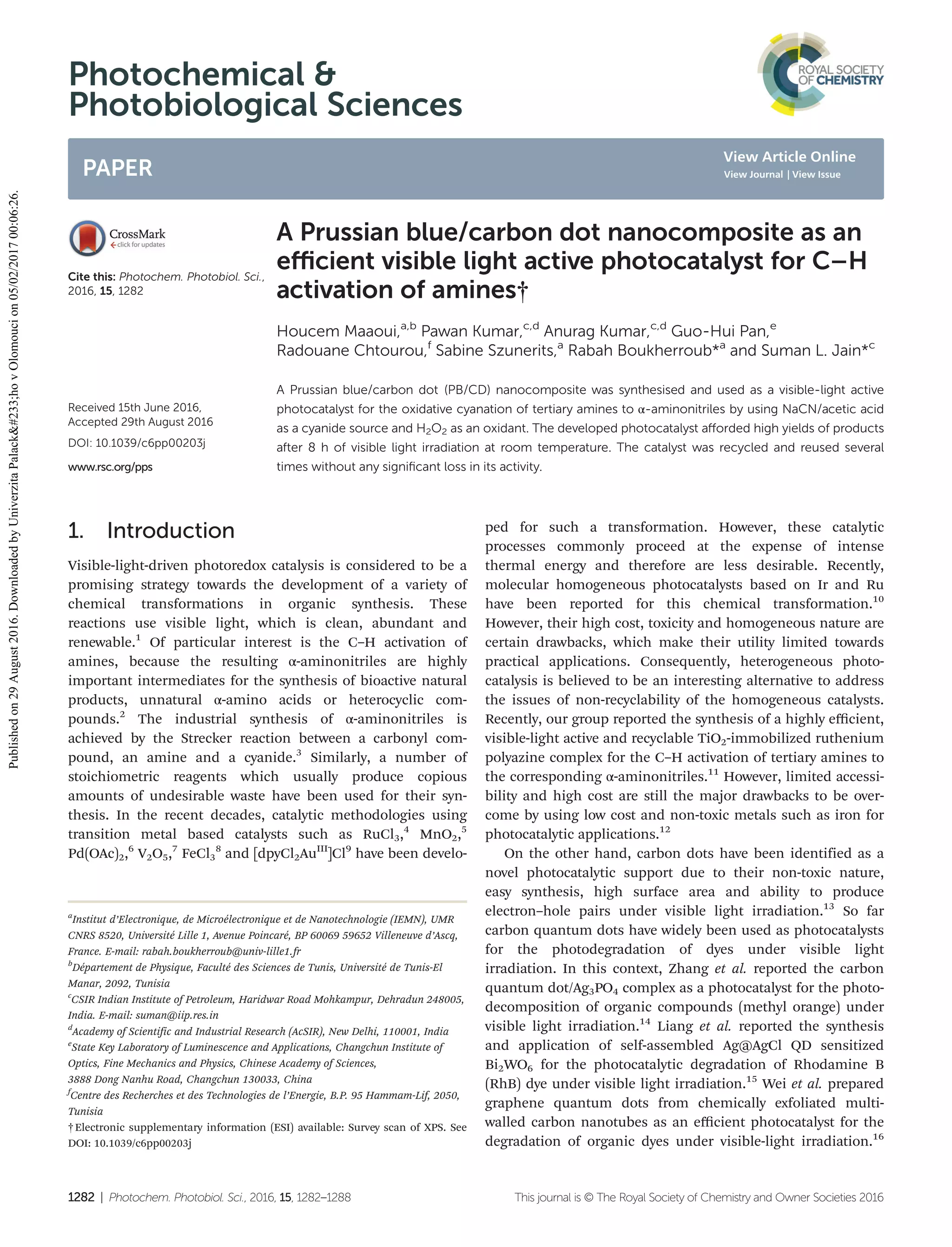 A Prussian blue/carbon dot nanocomposite as an efficient visible light ...