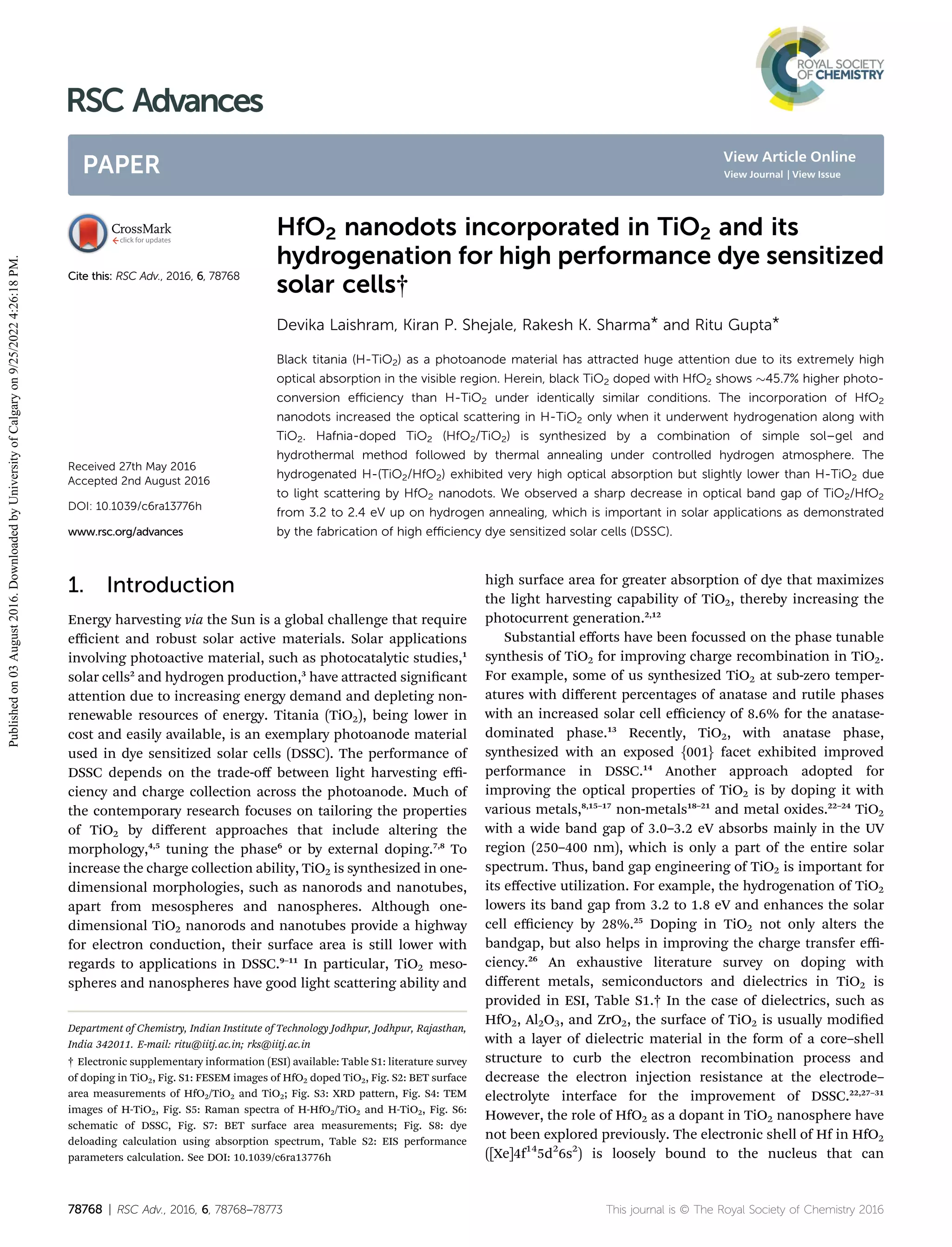 HfO2 nanodots incorporated in TiO2 and its hydrogenation for high performance dye sensitized ...