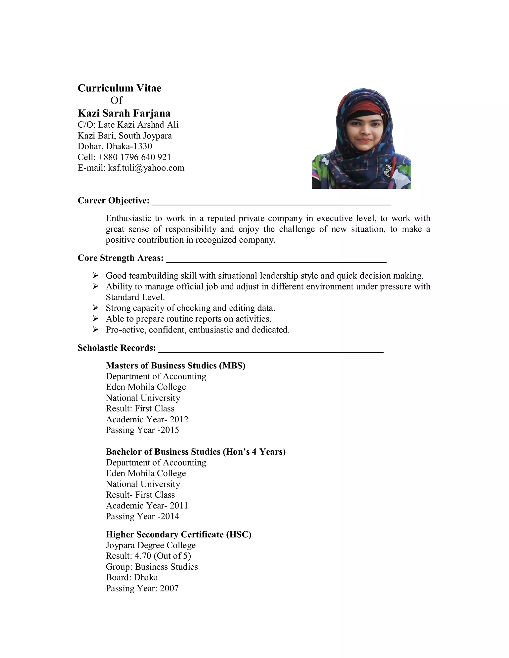 Curriculum Vitae Of Kazi Sarah pic | PDF | Business Administration | Business