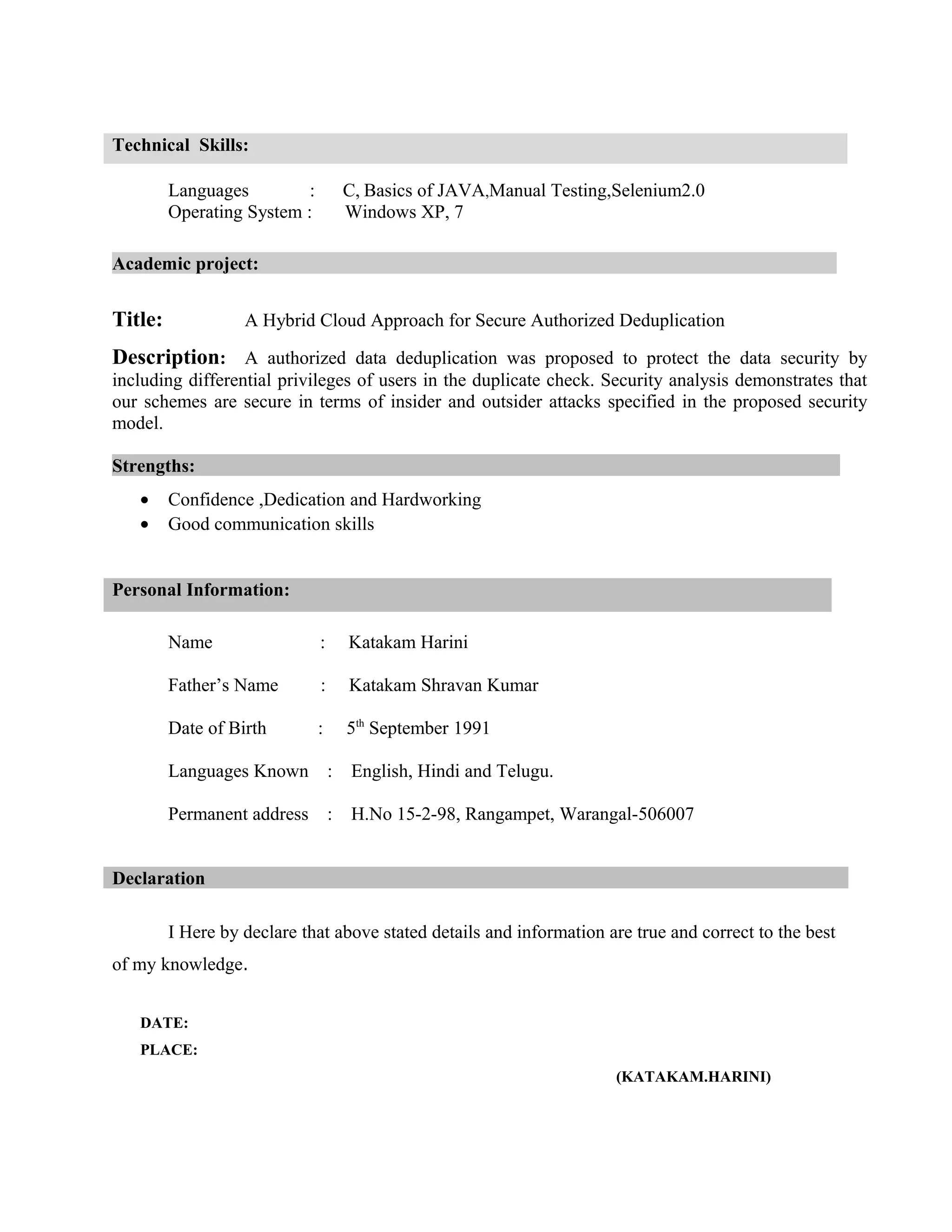 KATAKAM HARINI CV | DOC | Computing | Technology & Computing