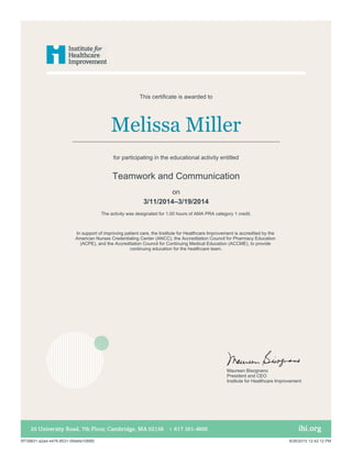 IHI Certificate - Teamwork and Communication | PDF