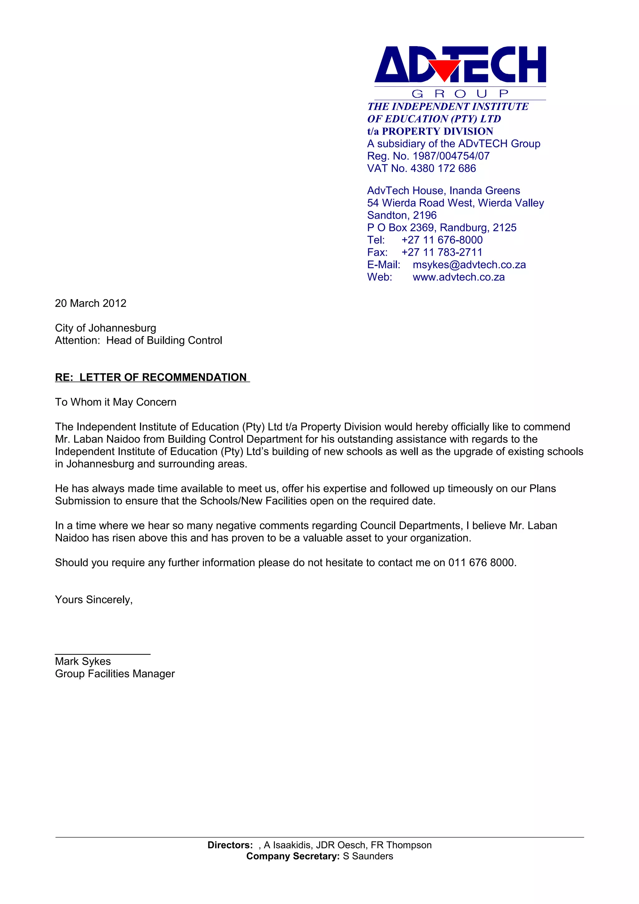 Recommendation for Laban Naidoo | DOC