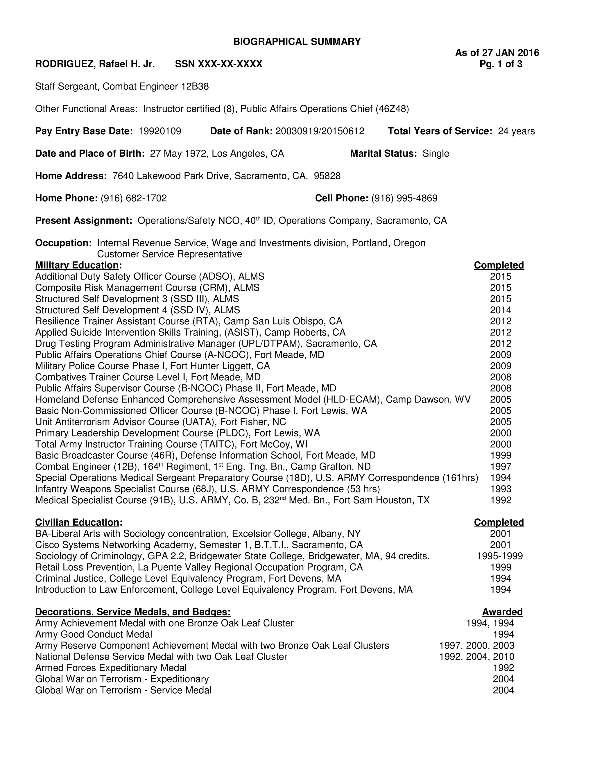 20160127 RODRIGUEZ R 0769 military bio no ssn | PDF