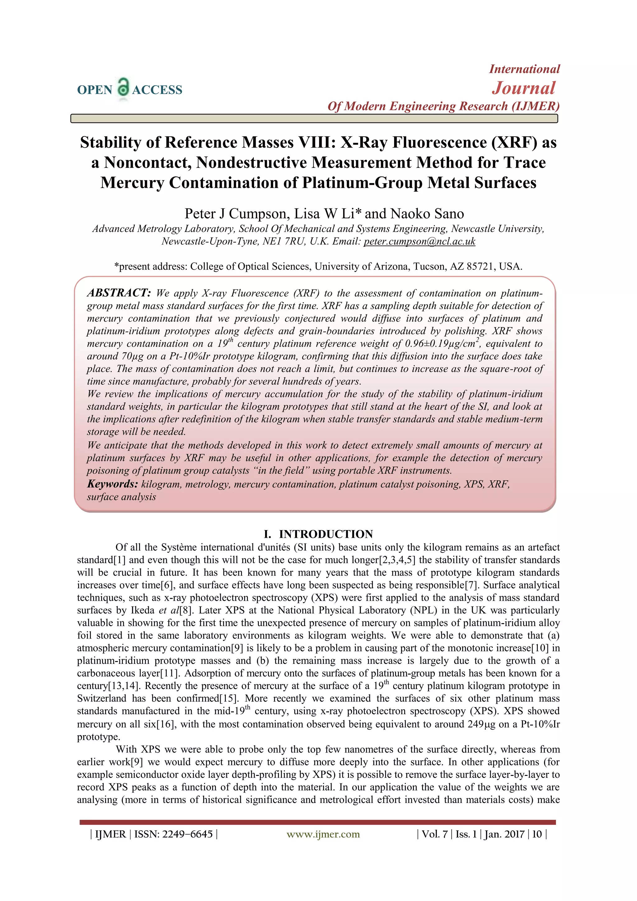 Stability of Reference Masses VIII: X-Ray Fluorescence (XRF) as a ...