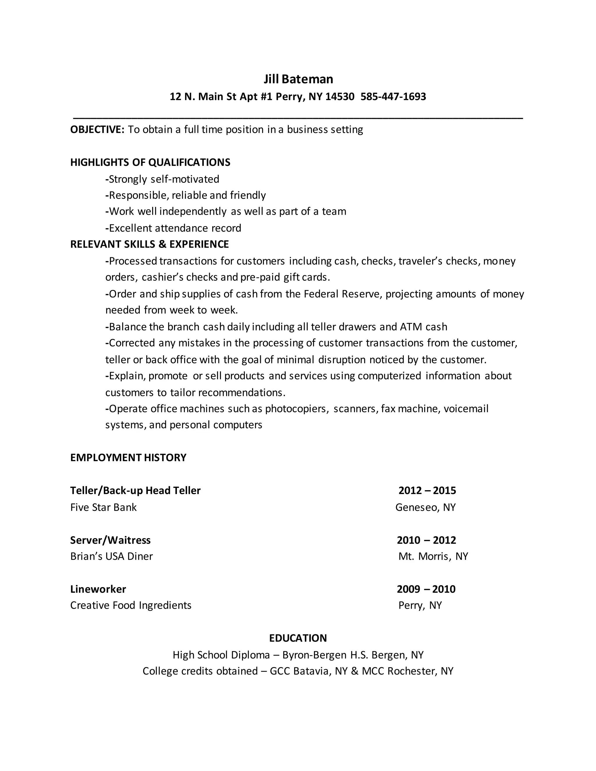 jill's resume 2015 new | DOCX | Business Banking & Finance | Business
