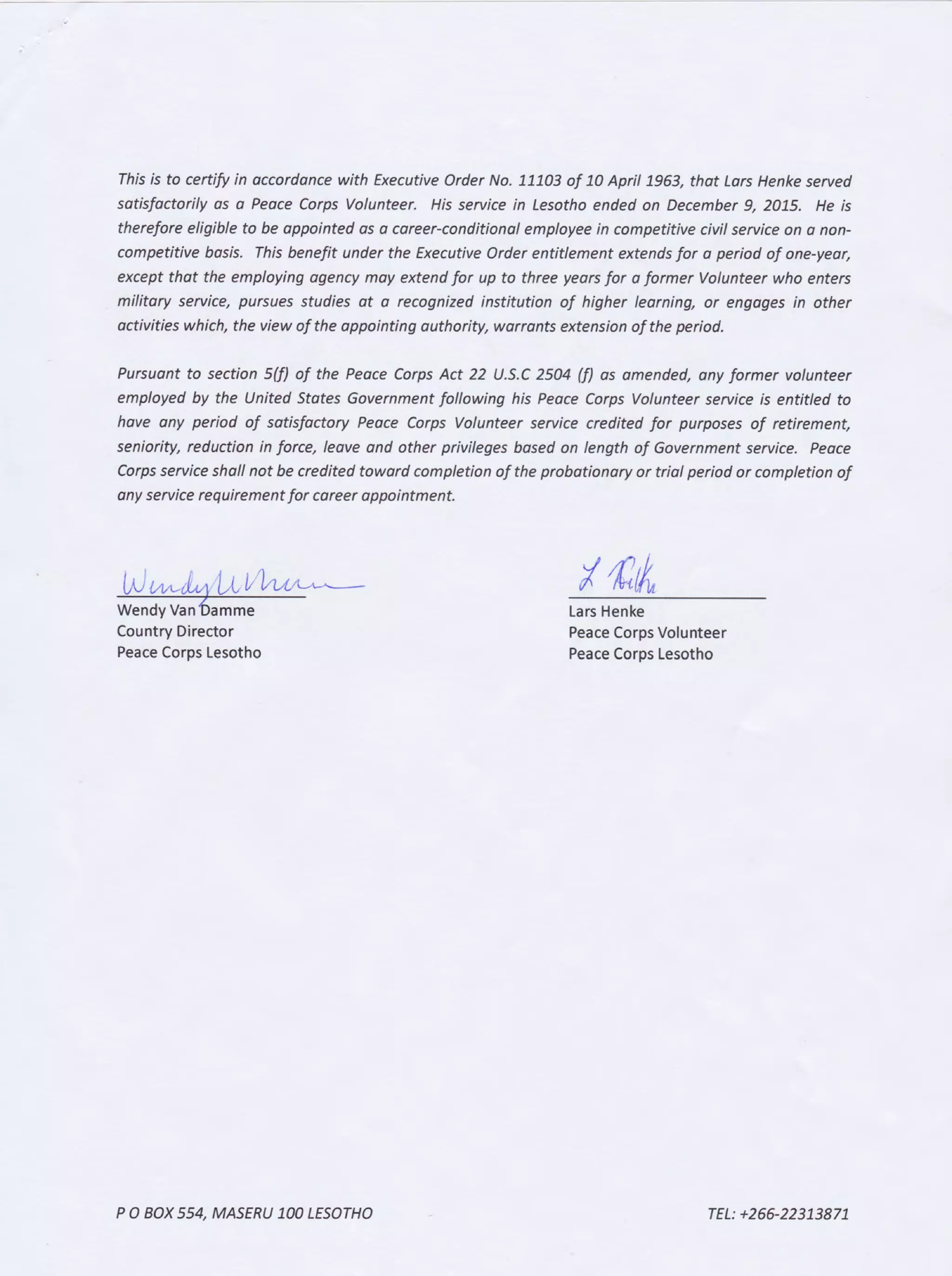 Peace Corps DOS Lars Henke 2016 | PDF