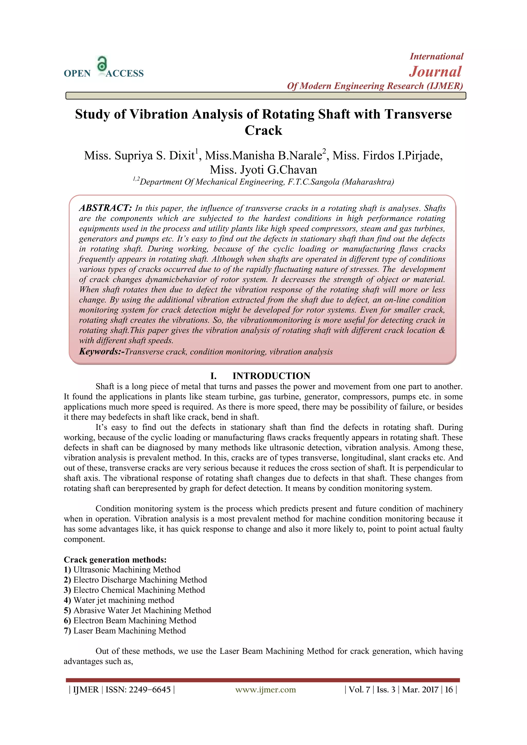 Study of Vibration Analysis of Rotating Shaft with Transverse Crack | PDF