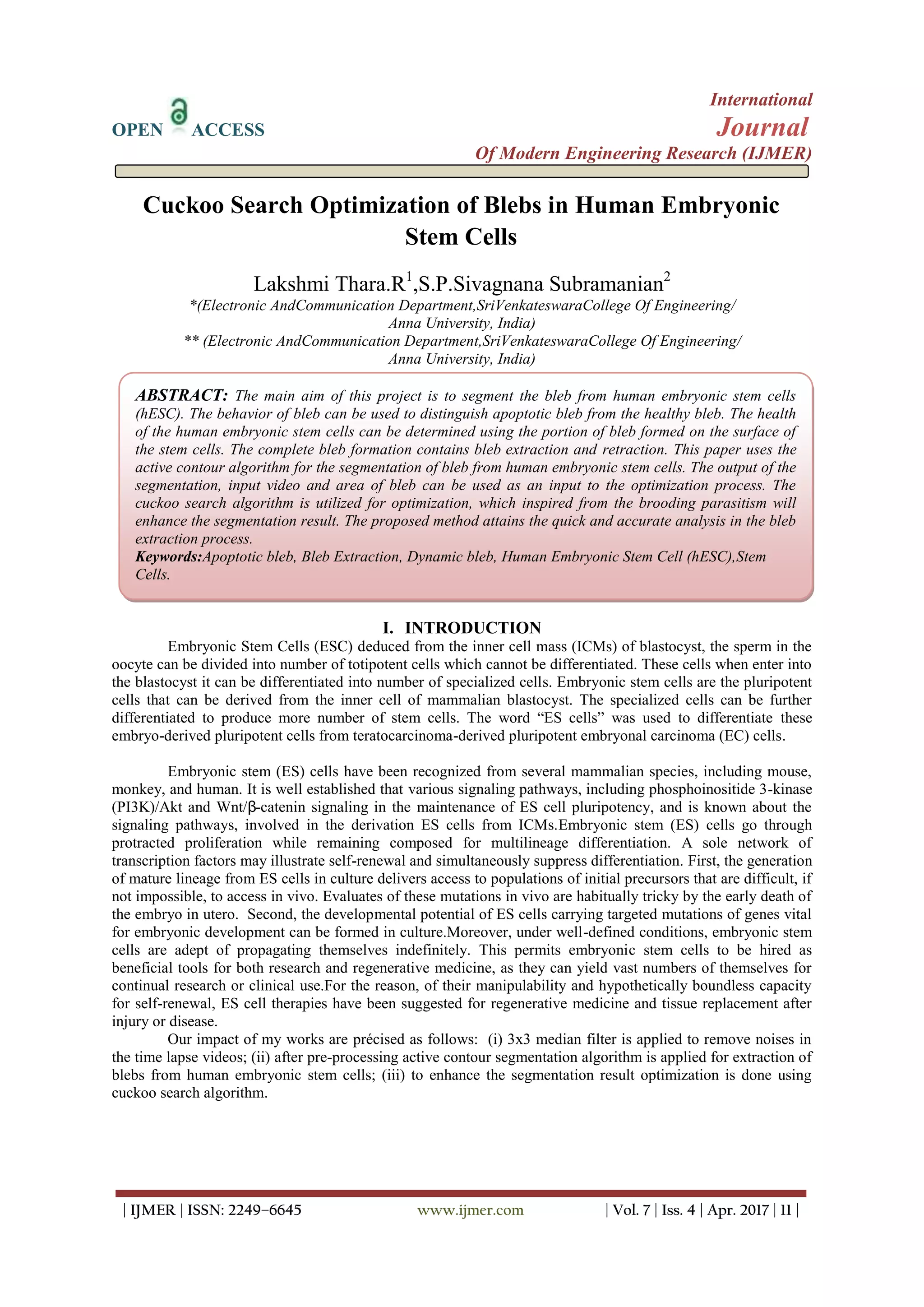 Cuckoo Search Optimization of Blebs in Human Embryonic Stem Cells | PDF