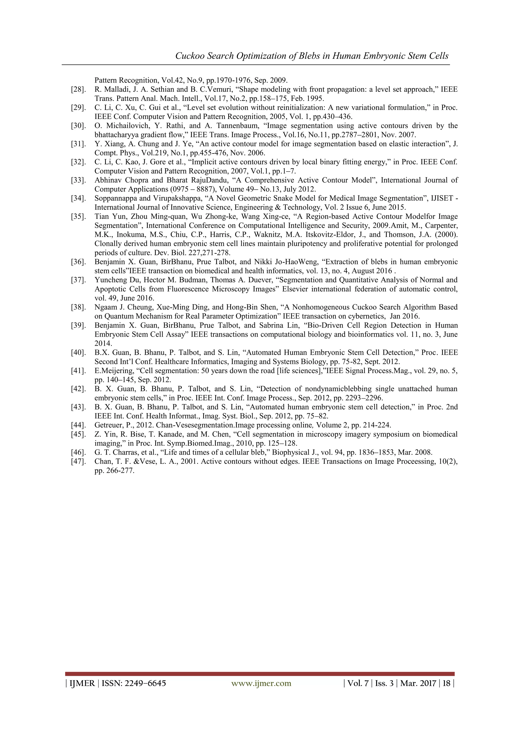 Cuckoo Search Optimization of Blebs in Human Embryonic Stem Cells | PDF