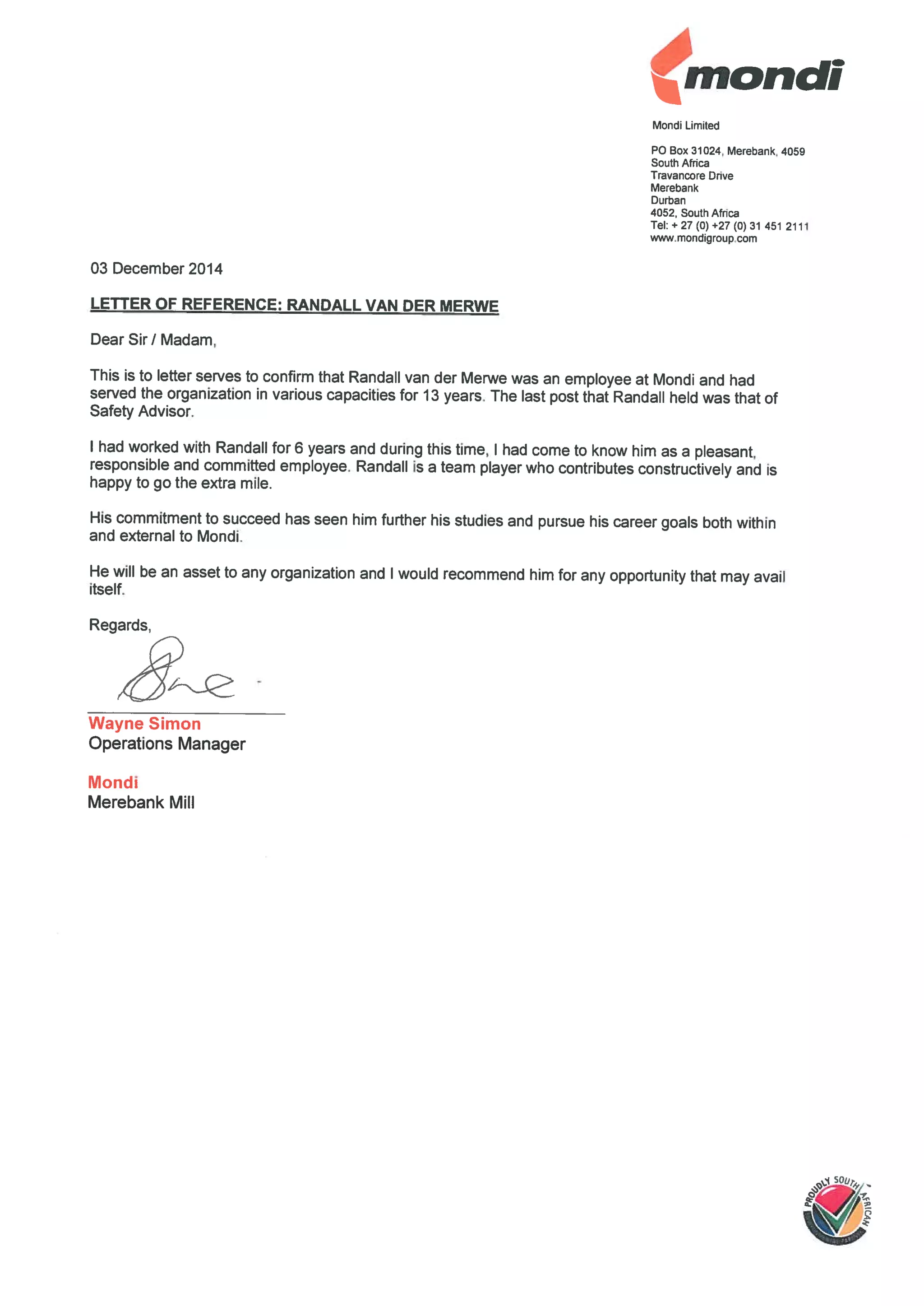 Letter of recommendation - Wayne Simon | PDF