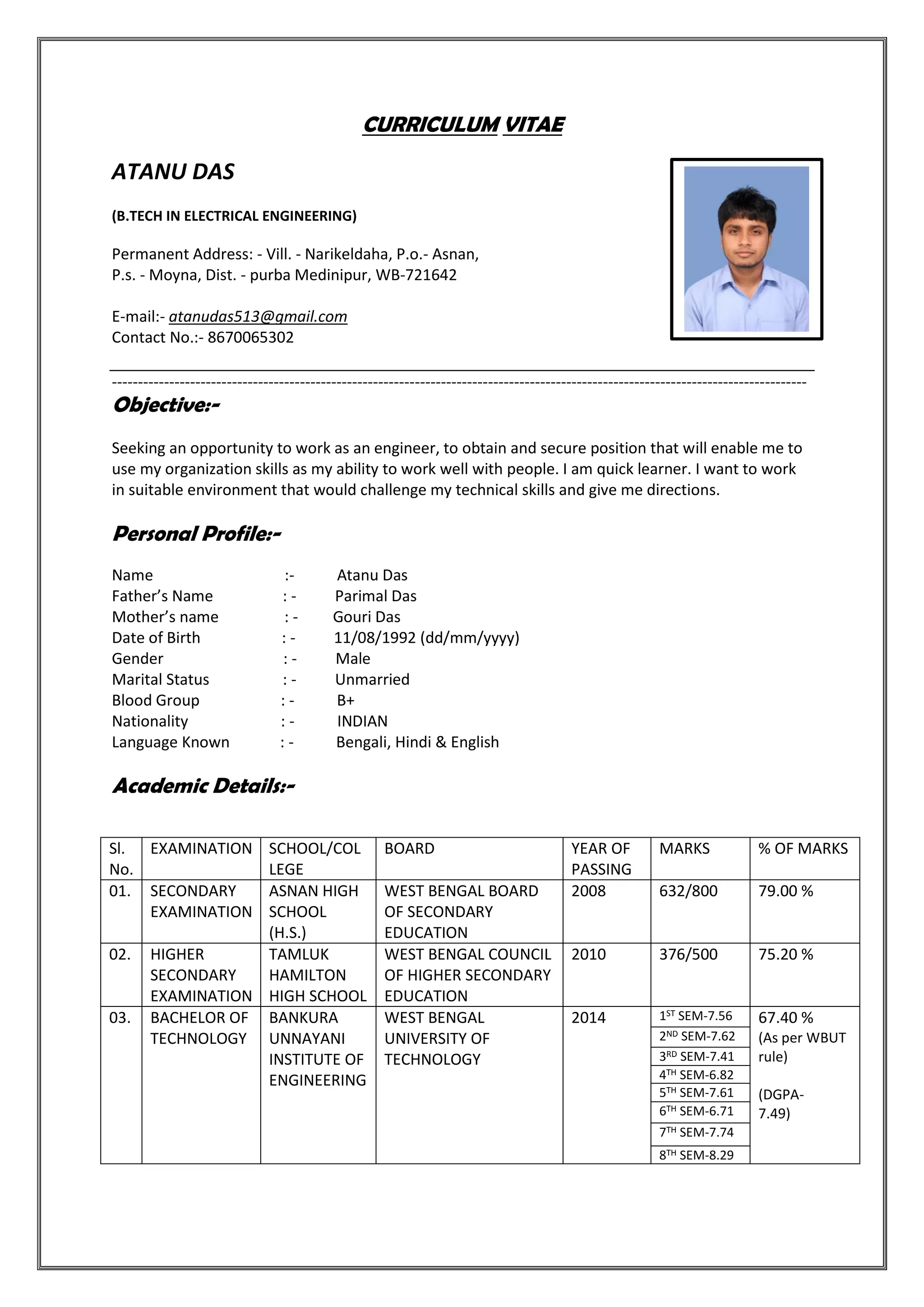 CURRICULUM VITAE (ATANU DAS) new.. | PDF | Vocational Training | Careers