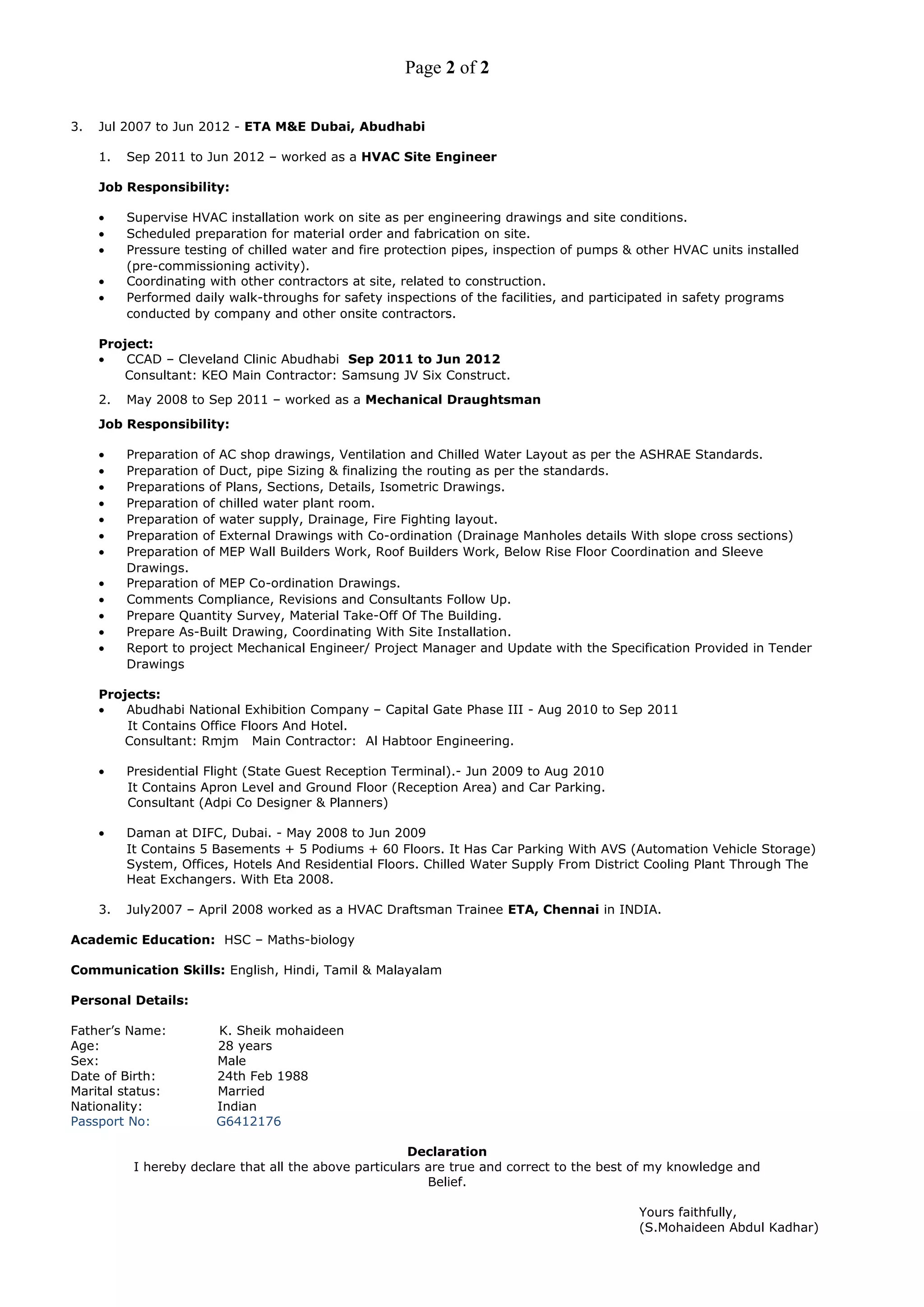 Mohaideen CV | DOC | Civil Engineering Industry | Industries