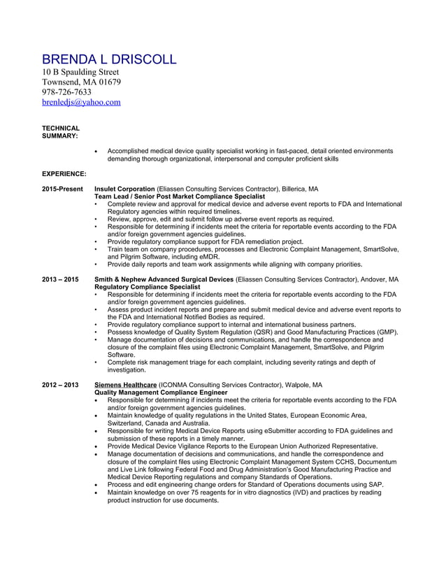 Brenda Driscoll Resume 3-4-16 | DOC | Pharmaceutical Industry | Industries