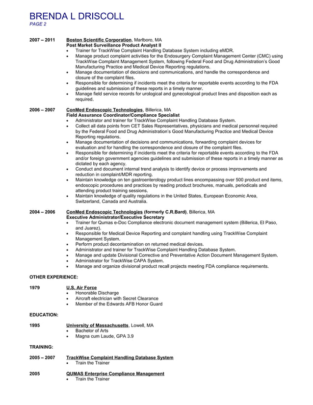 Brenda Driscoll Resume 3-4-16 | DOC | Pharmaceutical Industry | Industries