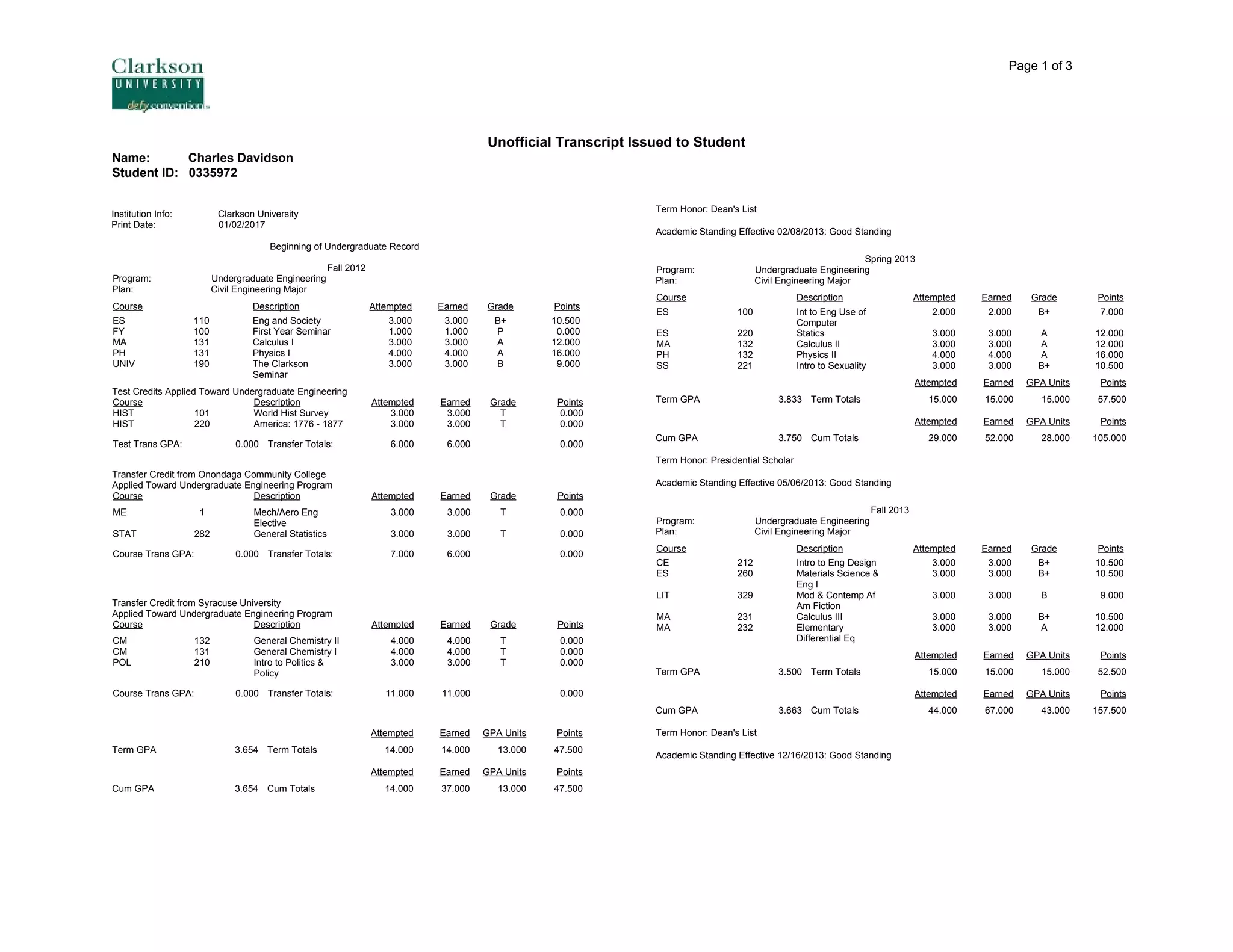 Unofficial_Transcript_2016 | PDF | Undergraduate Education | College ...