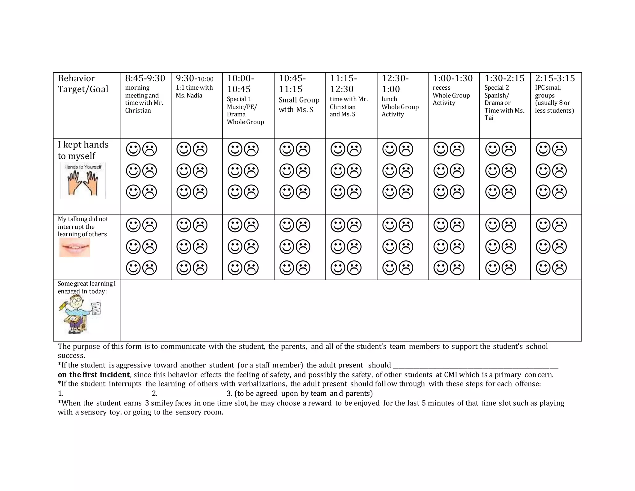 Behavior Chart Hands to Self | DOCX