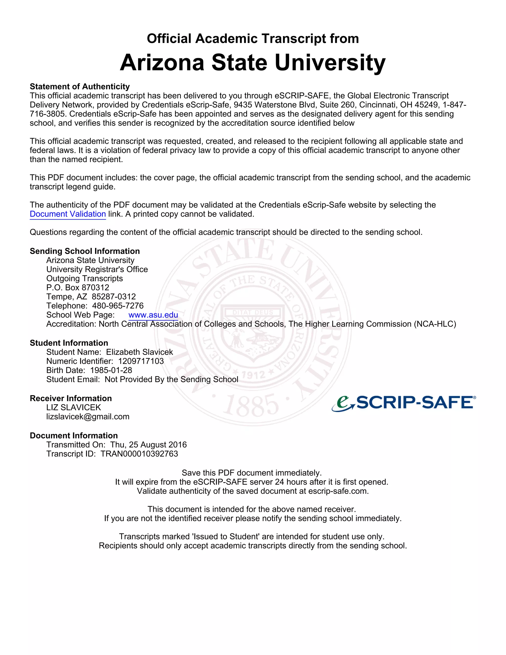 Arizona State University Offical Transcript | PDF