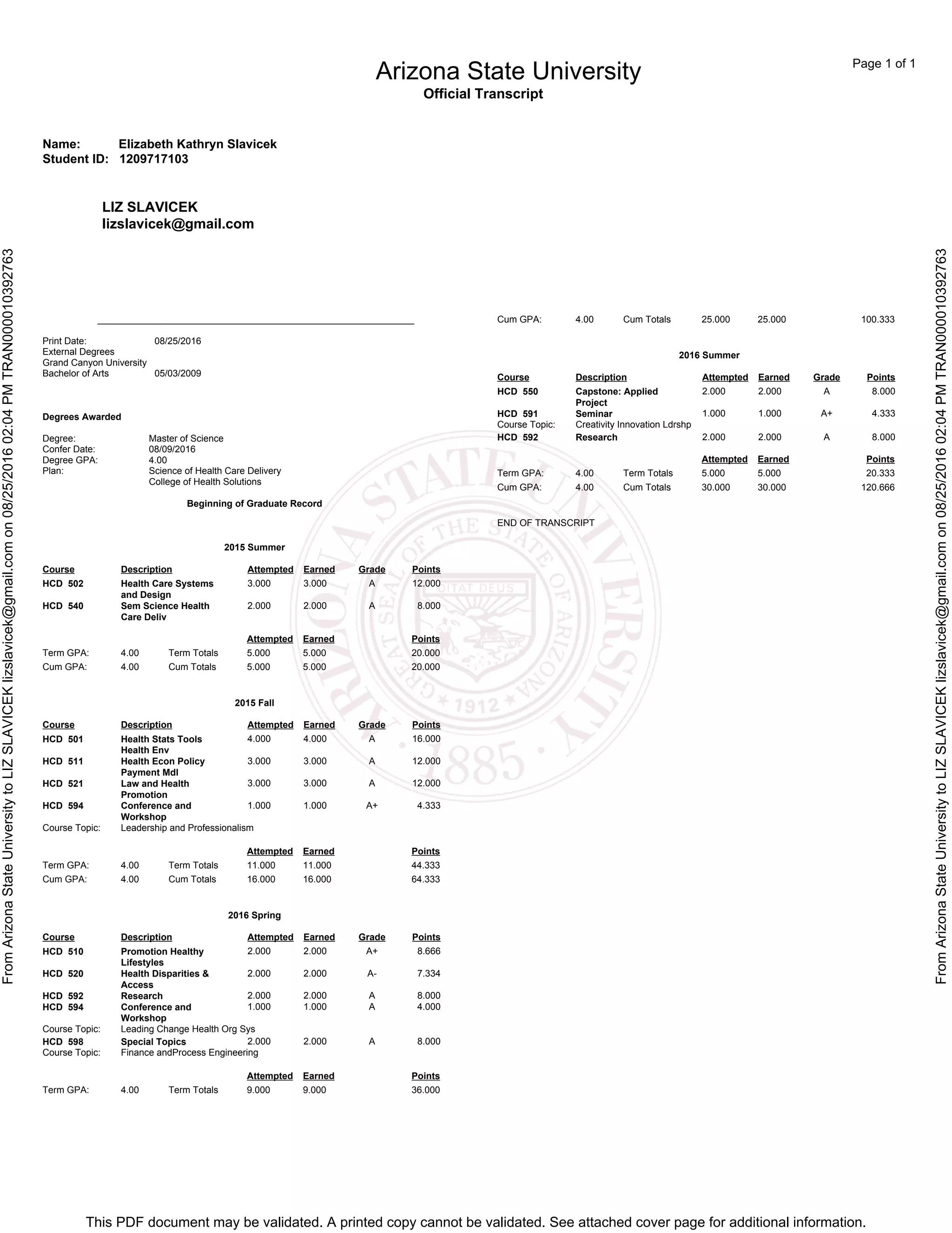 Arizona State University Offical Transcript | PDF