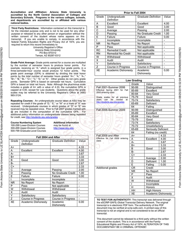 Arizona State University Offical Transcript | PDF | Undergraduate ...